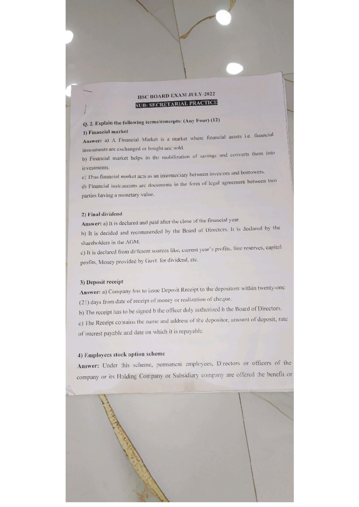 HSC BOARD EXAM: SECRETARIAL PRACTICE Q.2 - Key Concepts Explained - Studocu