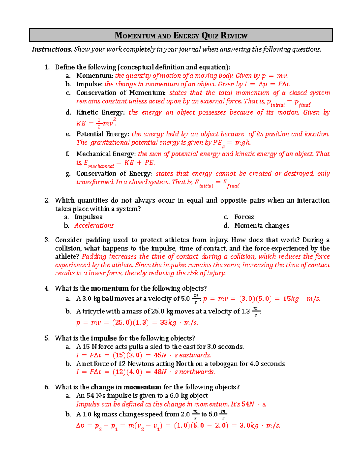 Momentum Impulse and Energy Quiz Review - MOMENTUM AND ENERGY QUIZ ...