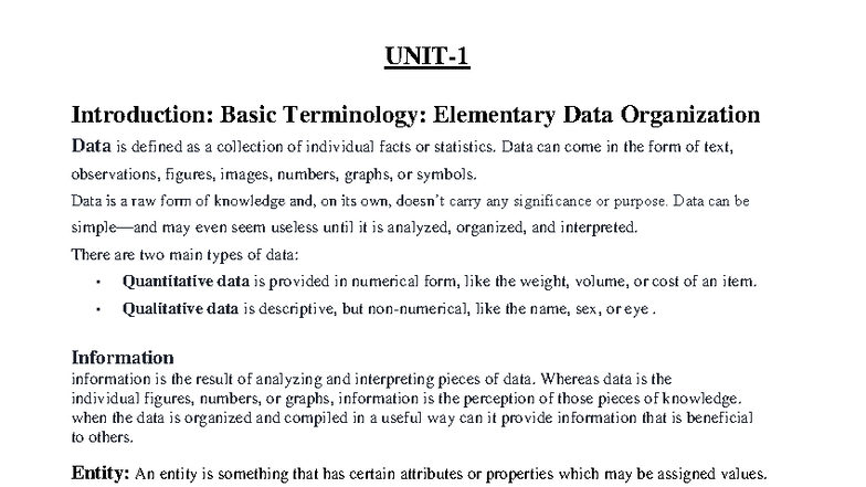 Unit-1: Introduction to Basic Terminology in Data Structures - Studocu