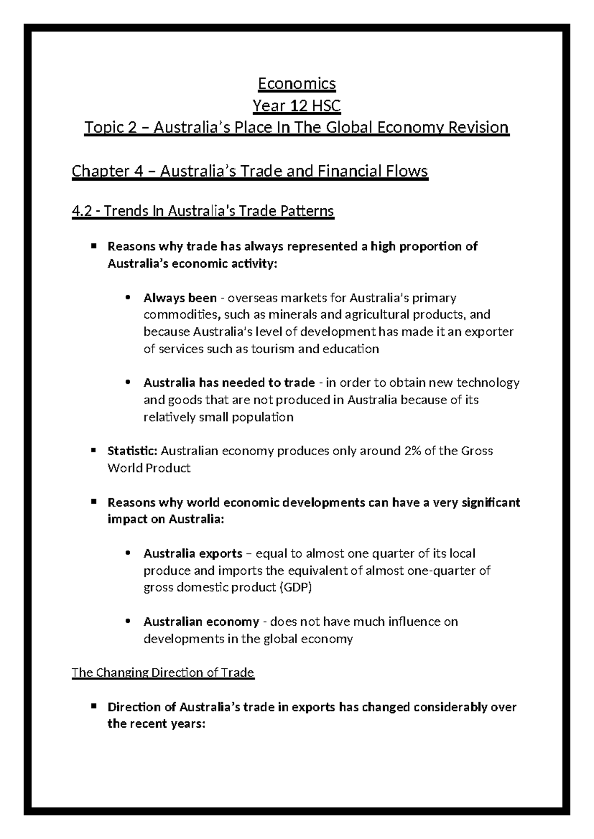 Economics Year 12 HSC Topic 2 Revision: Australia's Global Economy ...