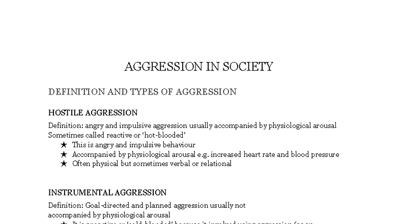 AGGRESSION IN PSYCHOLOGY: DEFINITIONS, TYPES, AND EXPLANATIONS - Studocu