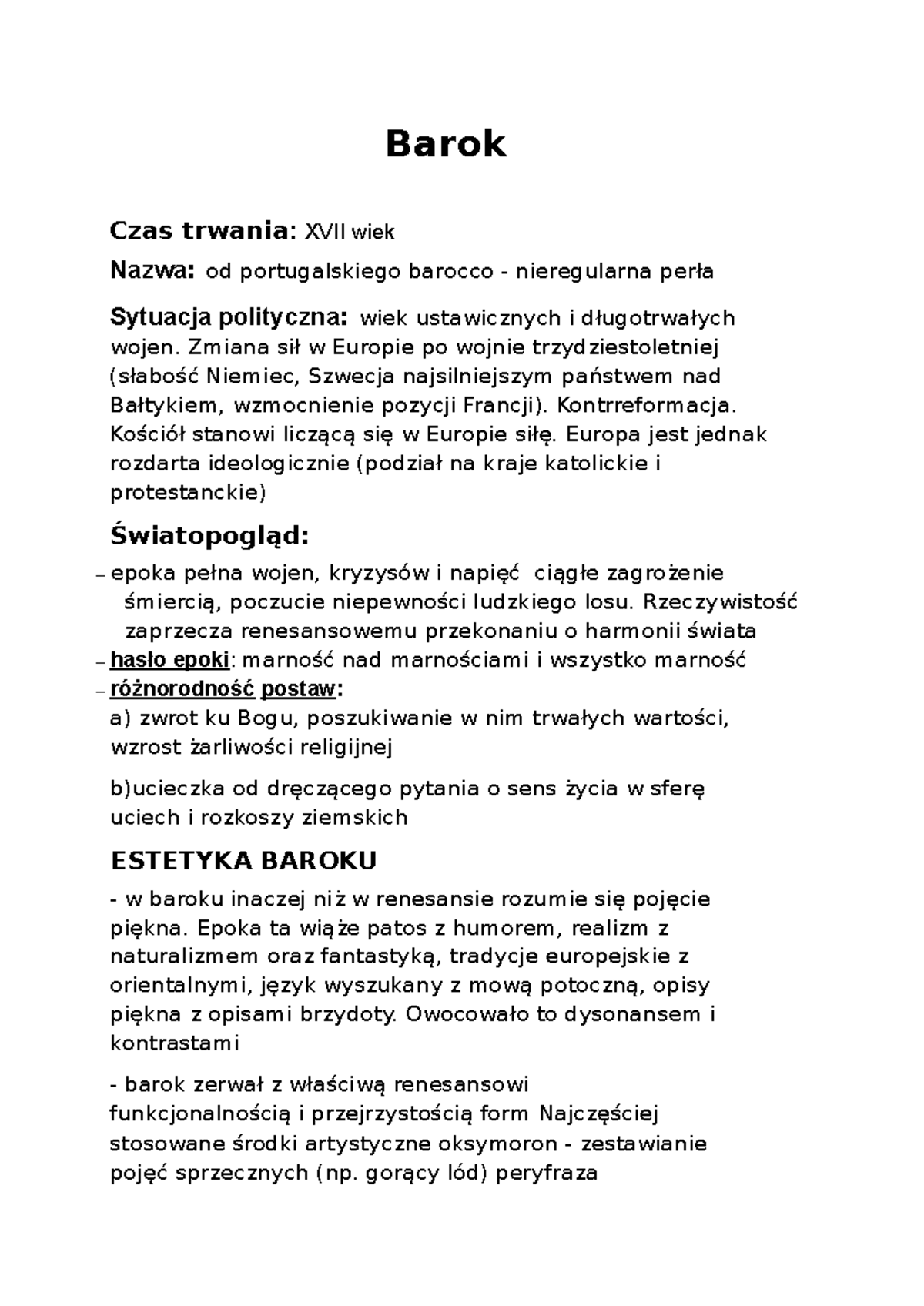Notatki do matury z języka polskiego: Barok - epoka i lektury - Studocu