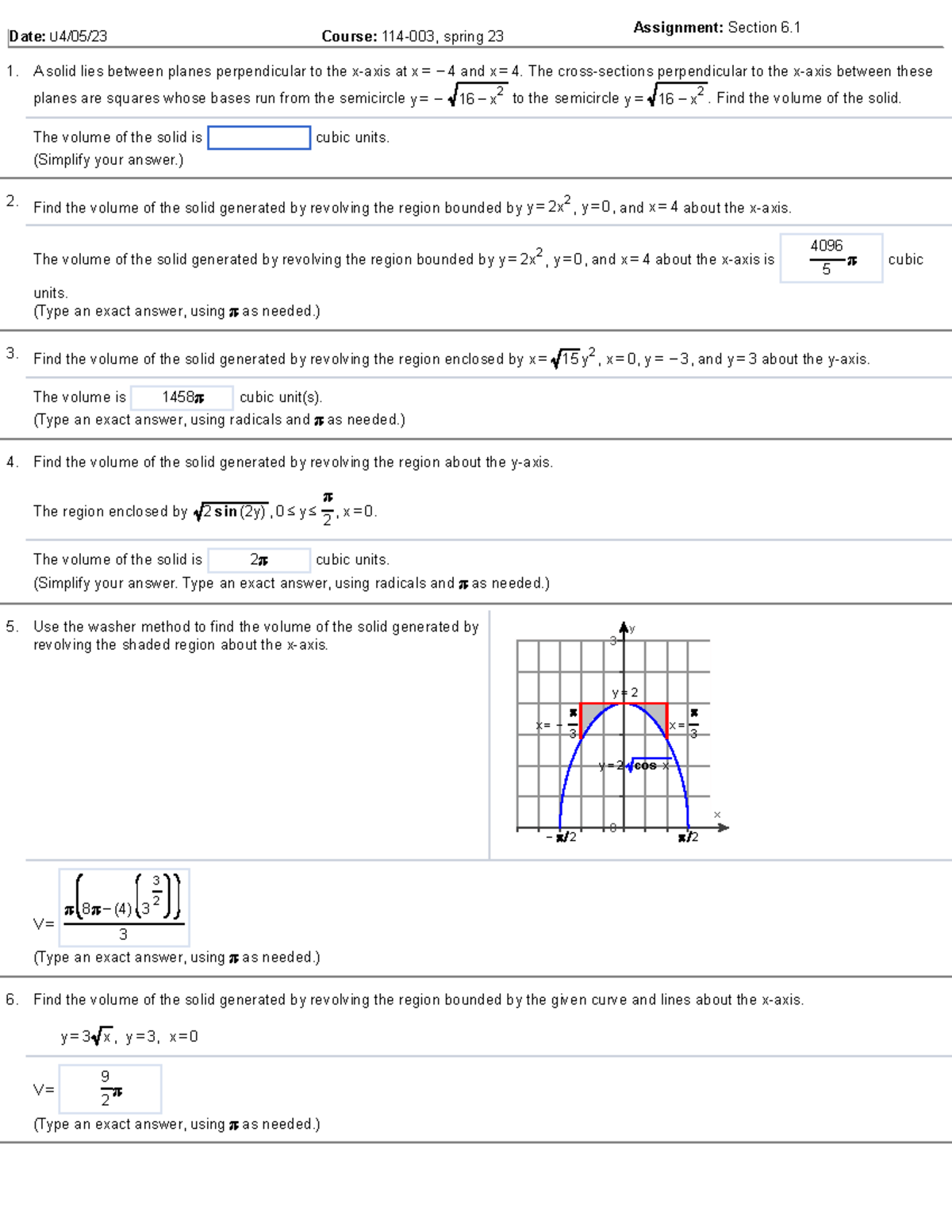 Pearsons Calculus 2, Section 6.1 - 1. 2. 3. 4. 5. 6. Student: Ethan ...