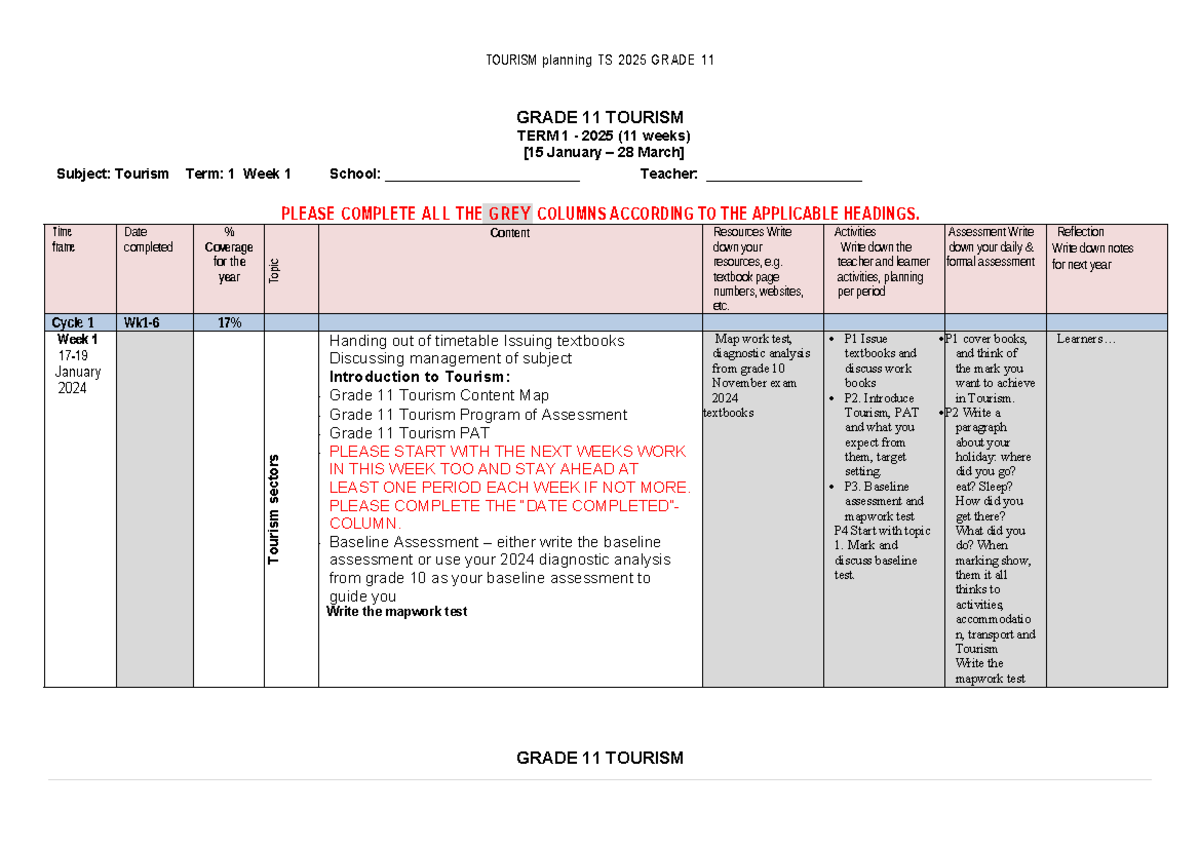 TS 2025 Grade 11 Tourism Lesson Planning: Term 1 to 4 Overview - Studocu