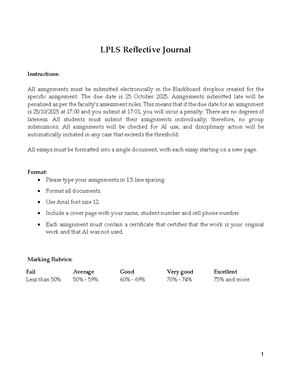 LPLS Reflective Journal Assignment Guidelines and Submission Info - Studocu