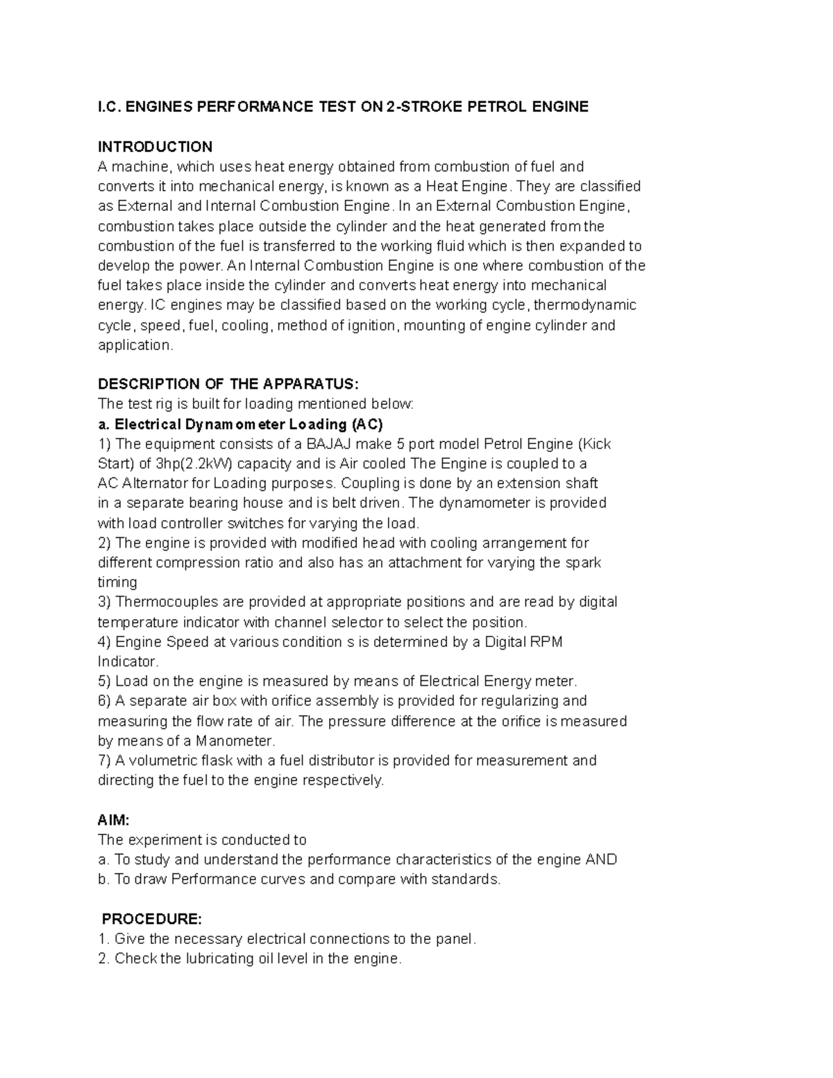 I.C. Engines Performance Test on 2-Stroke Petrol Engine (ENG-202) - Studocu