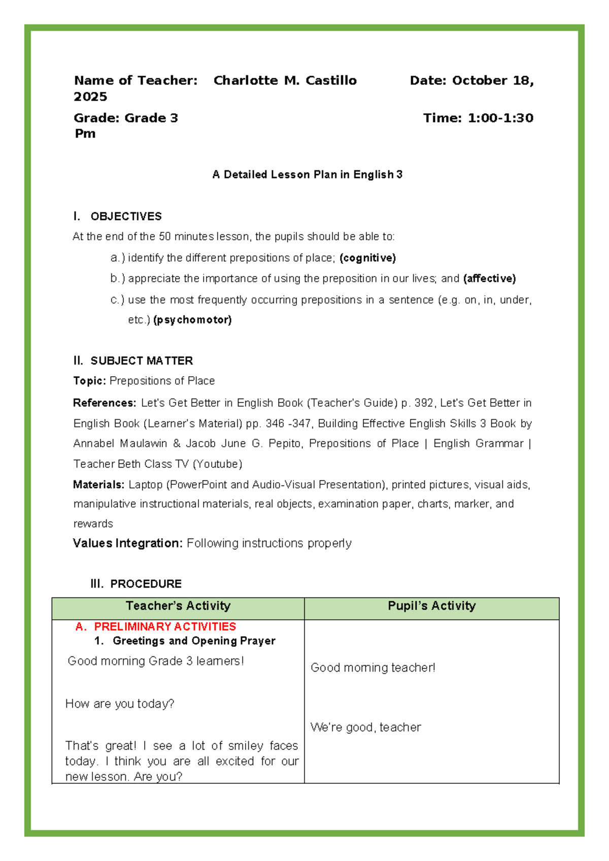 Detailed Lesson Plan: Prepositions of Place for English 3 - Studocu