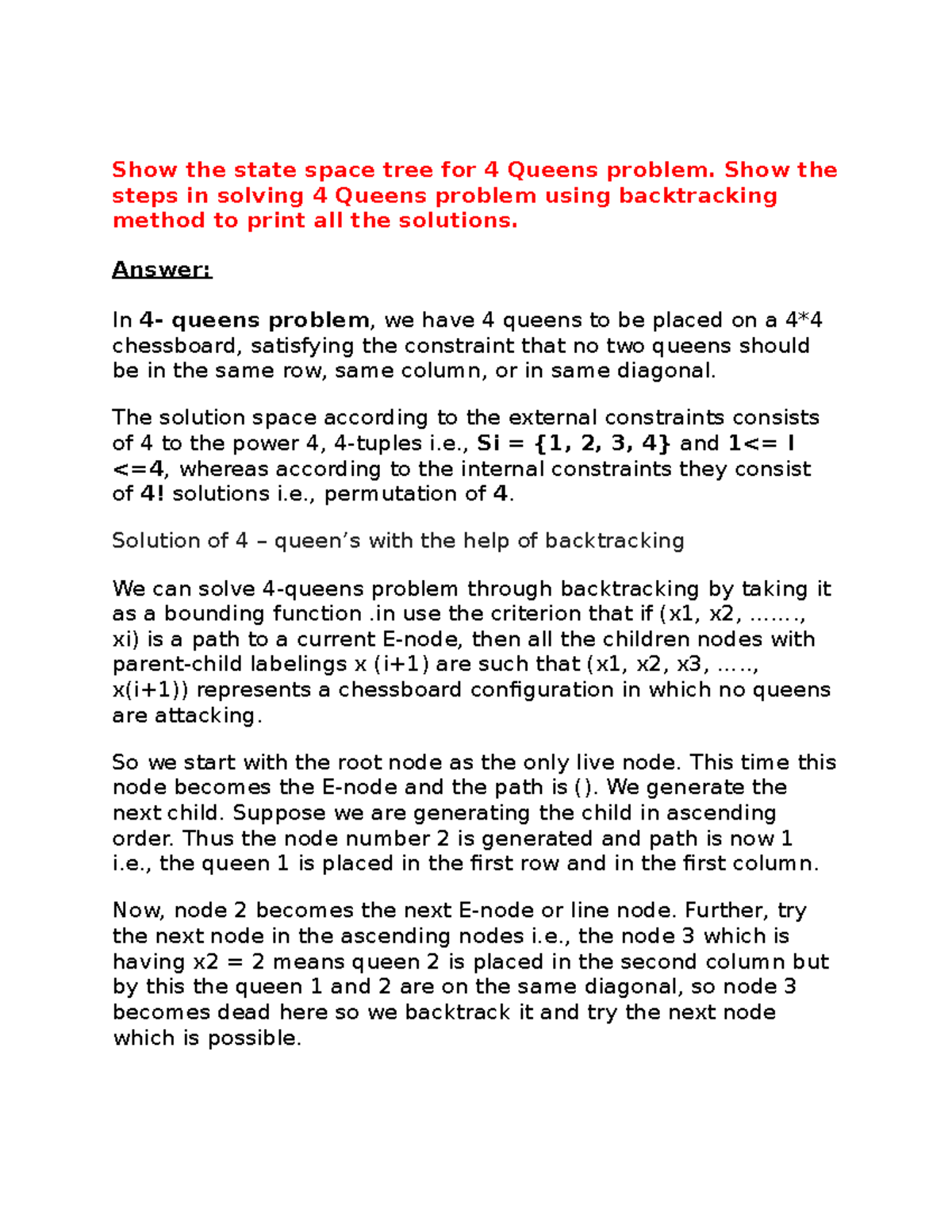 State Space Tree and Backtracking for 4 Queens Problem - Studocu