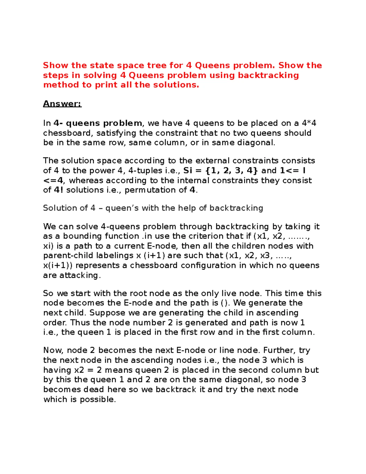 State space tree for 4 Queens problem - Show the steps in solving 4 ...