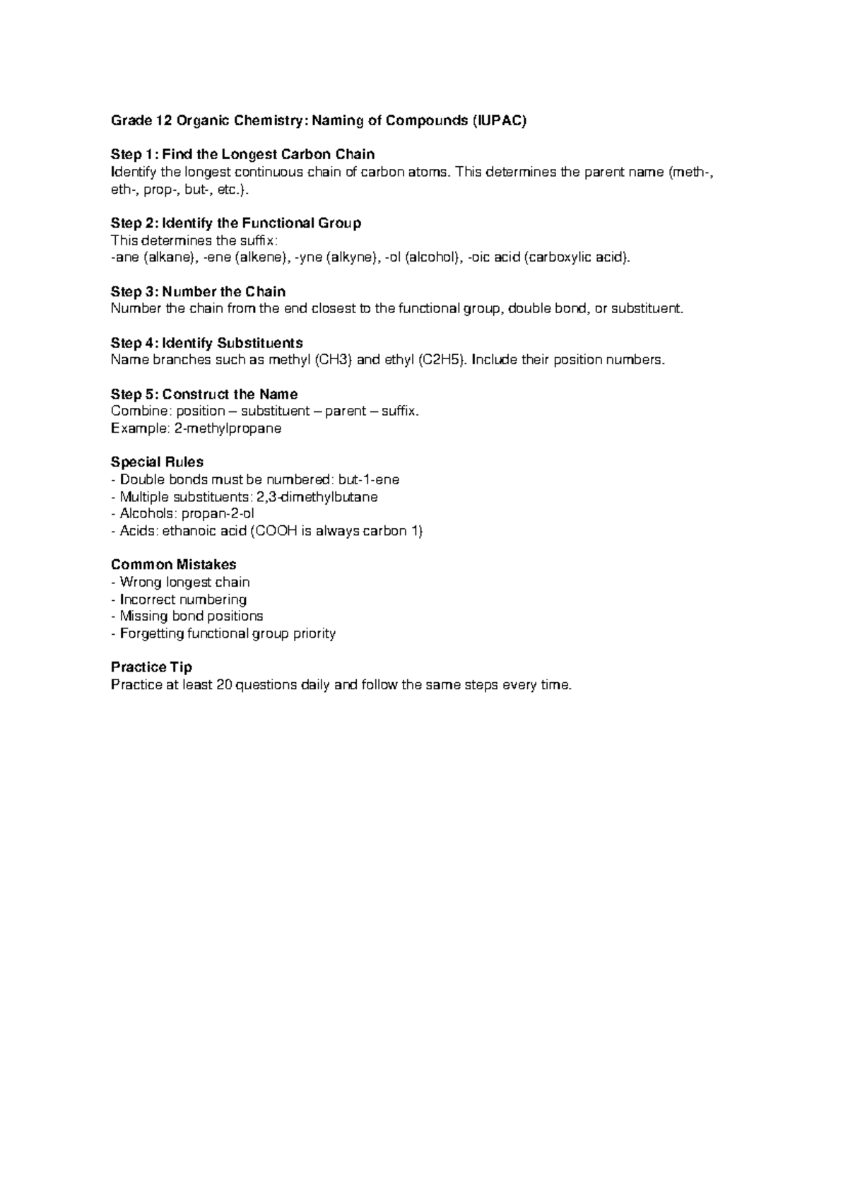 Grade 12 Organic Chemistry: IUPAC Naming Guide for Compounds - Studocu