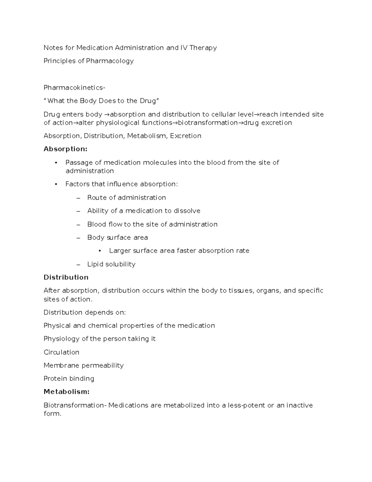Medication Administration & IV Therapy Notes: Pharmacology Principles ...