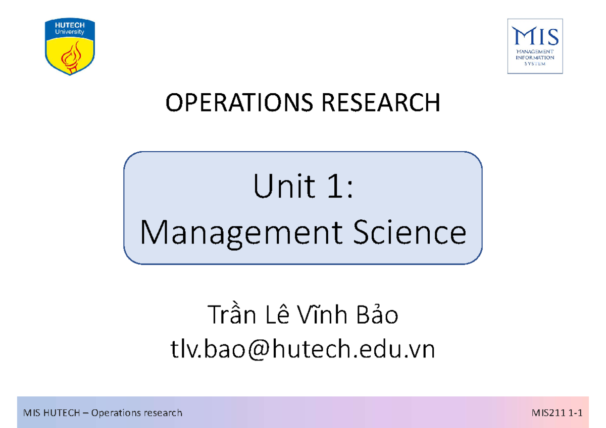 MIS211 Operations Research: Management Science Techniques & Model ...