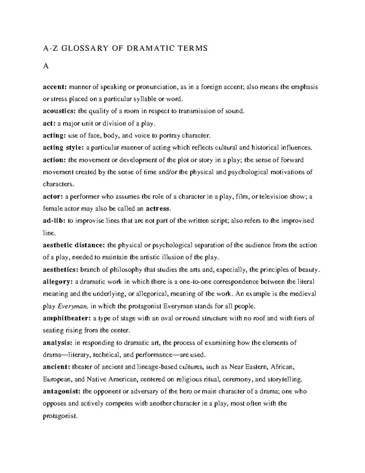 A-Z Glossary of Dramatic Terms - Student Edition Guide - Studocu