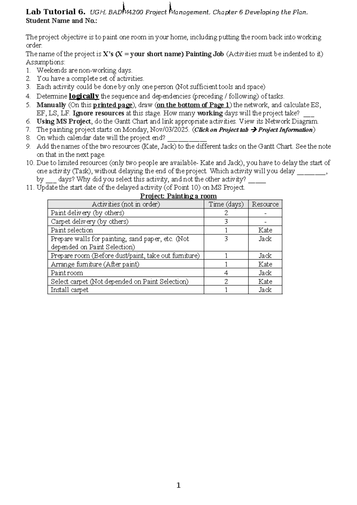 Lab Tutorial 6: BADM4200 Project Management - Painting Job Plan - Studocu