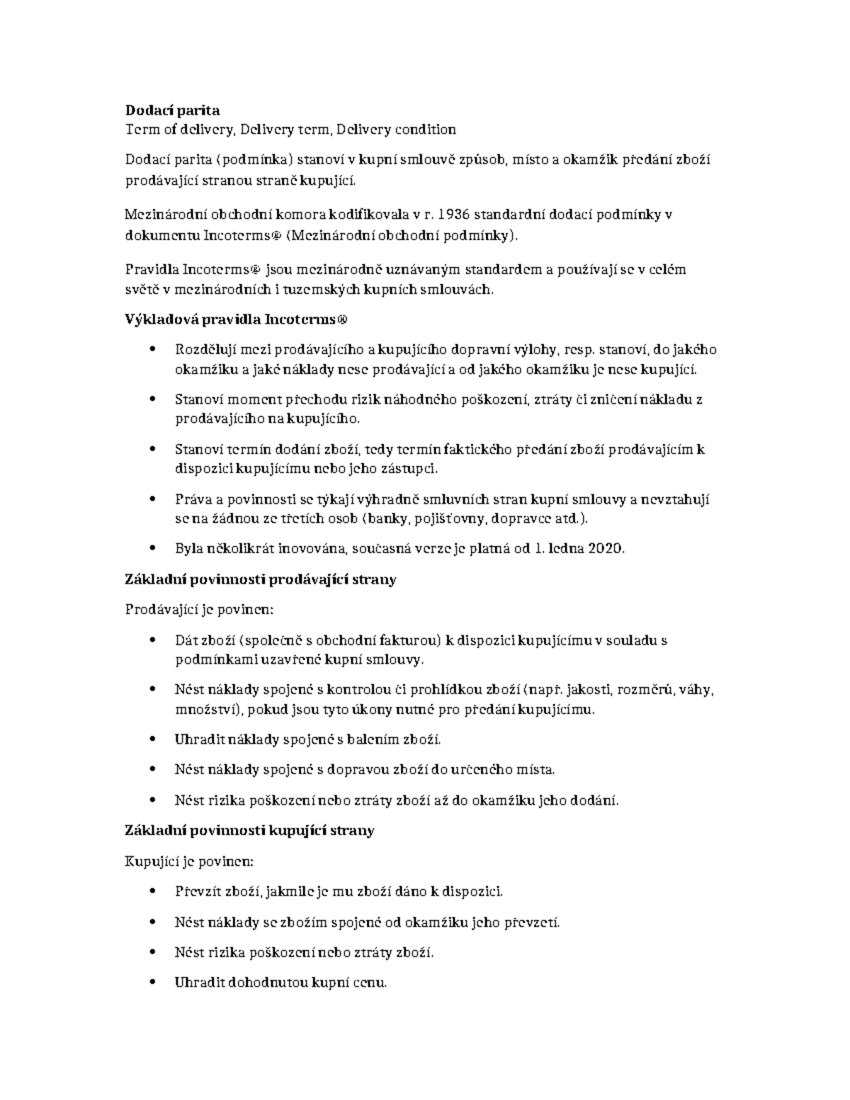 Incoterms - Dodací parita Term of delivery, Delivery term, Delivery ...