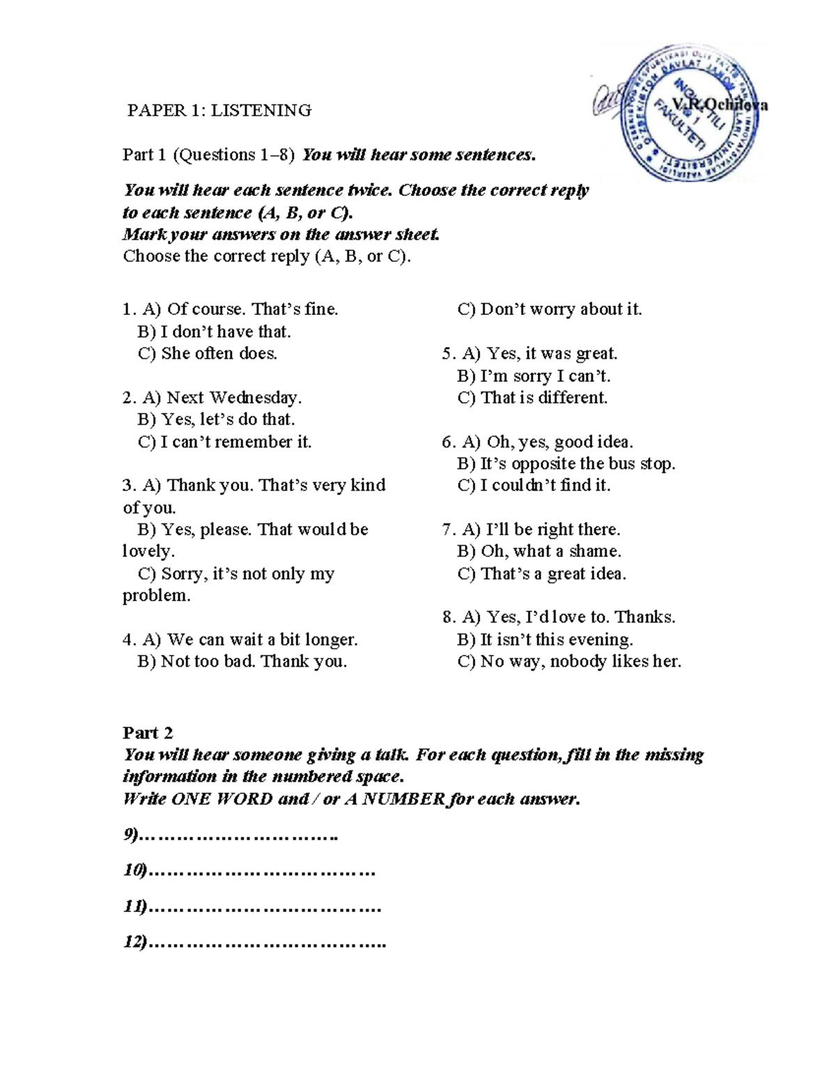 Listening Paper 1: Practice Questions and Answers - Studocu