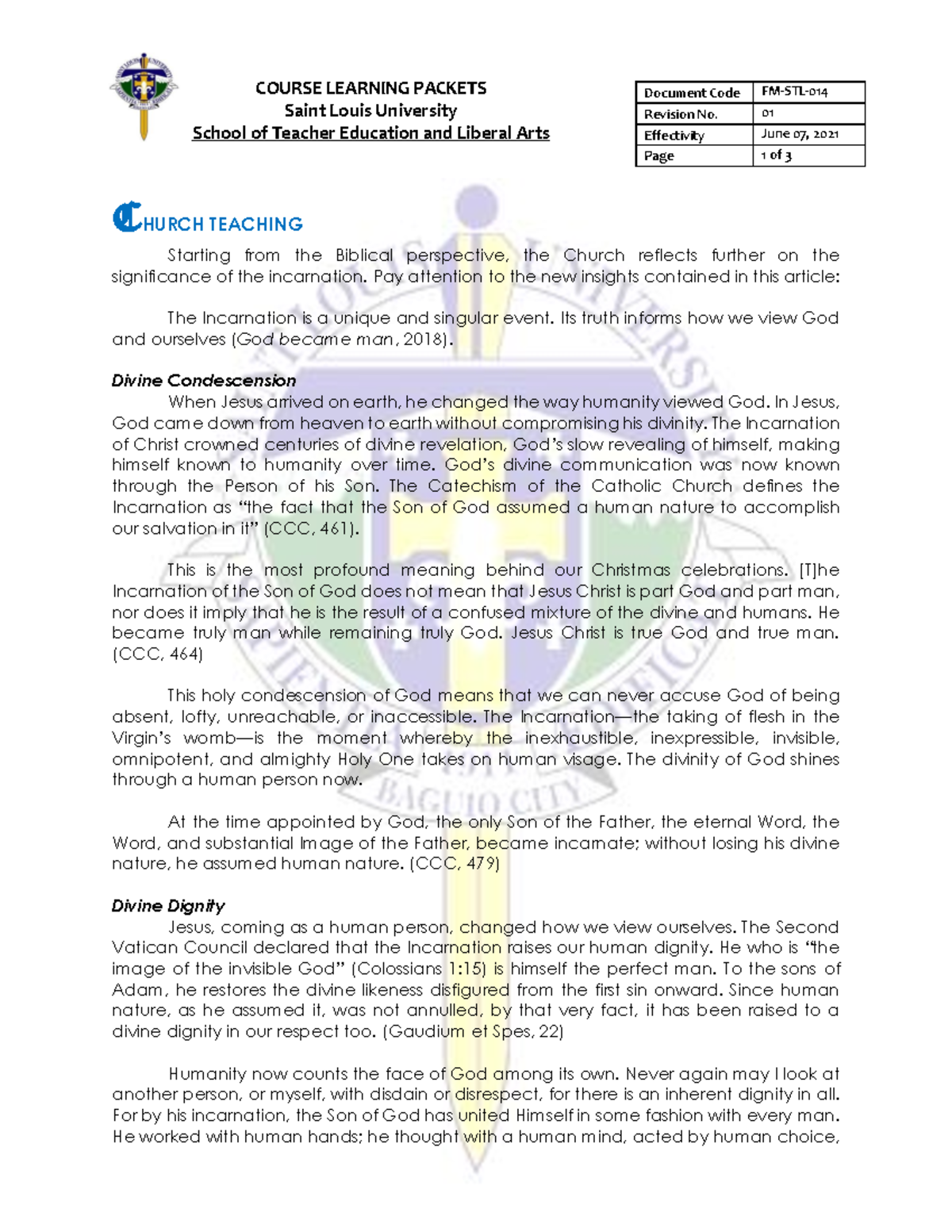 CFE 103 Module 2, Lesson 1 Church Teaching - COURSE LEARNING PACKETS ...