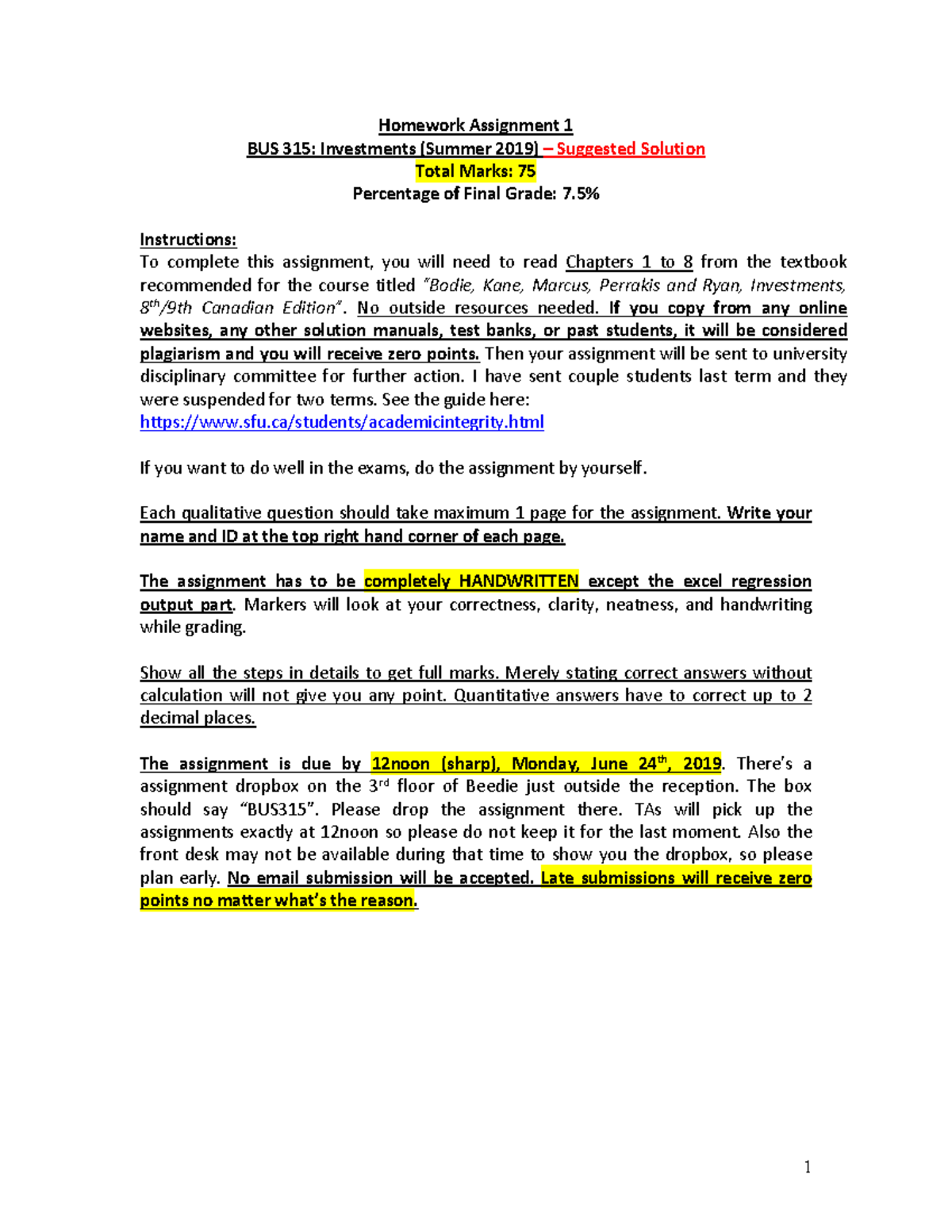 Homework Assignment 1 - Suggested Solutions for BUS 315 Investments ...