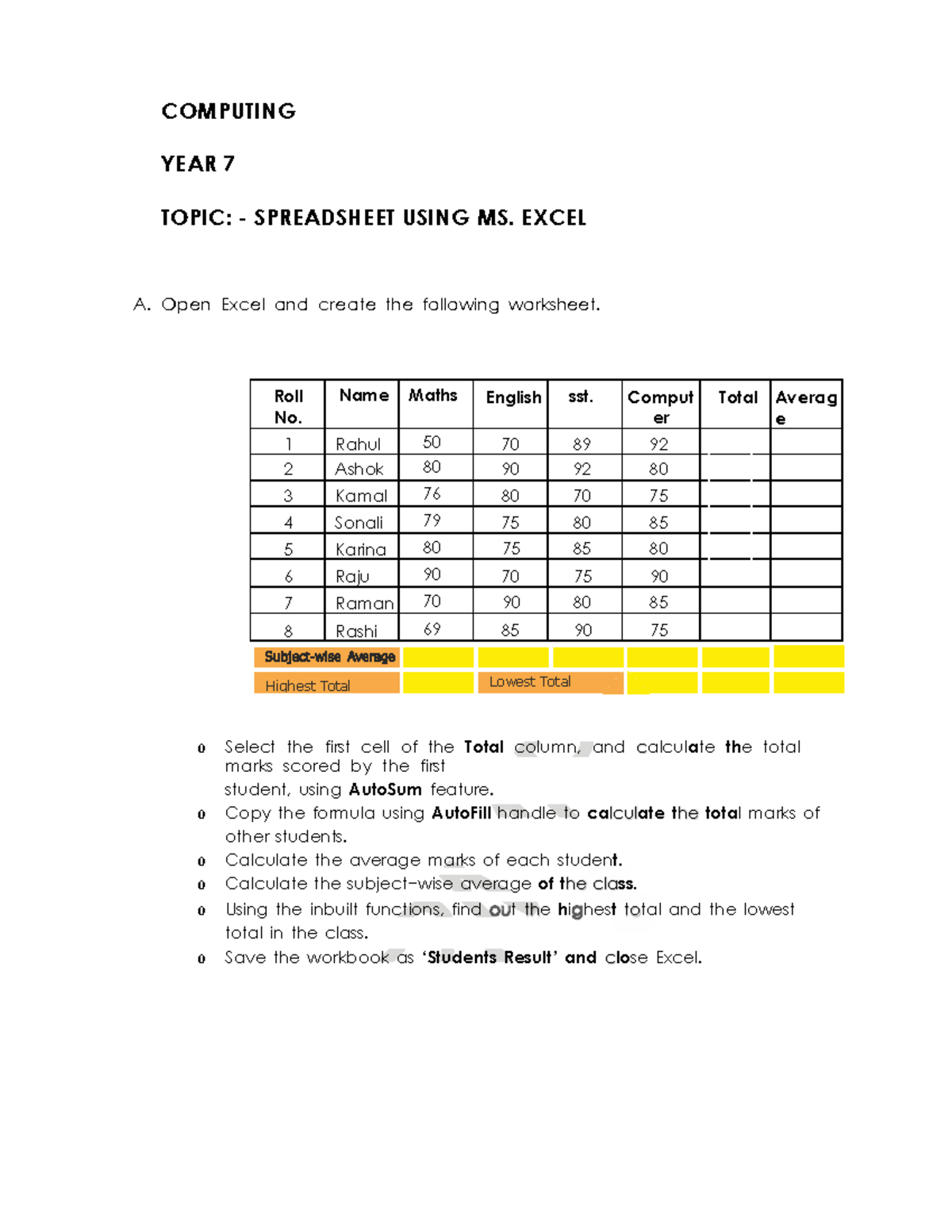 COMPUTING YEAR 7: SPREADSHEET EXCEL WORKSHEET ASSIGNMENT - Studocu