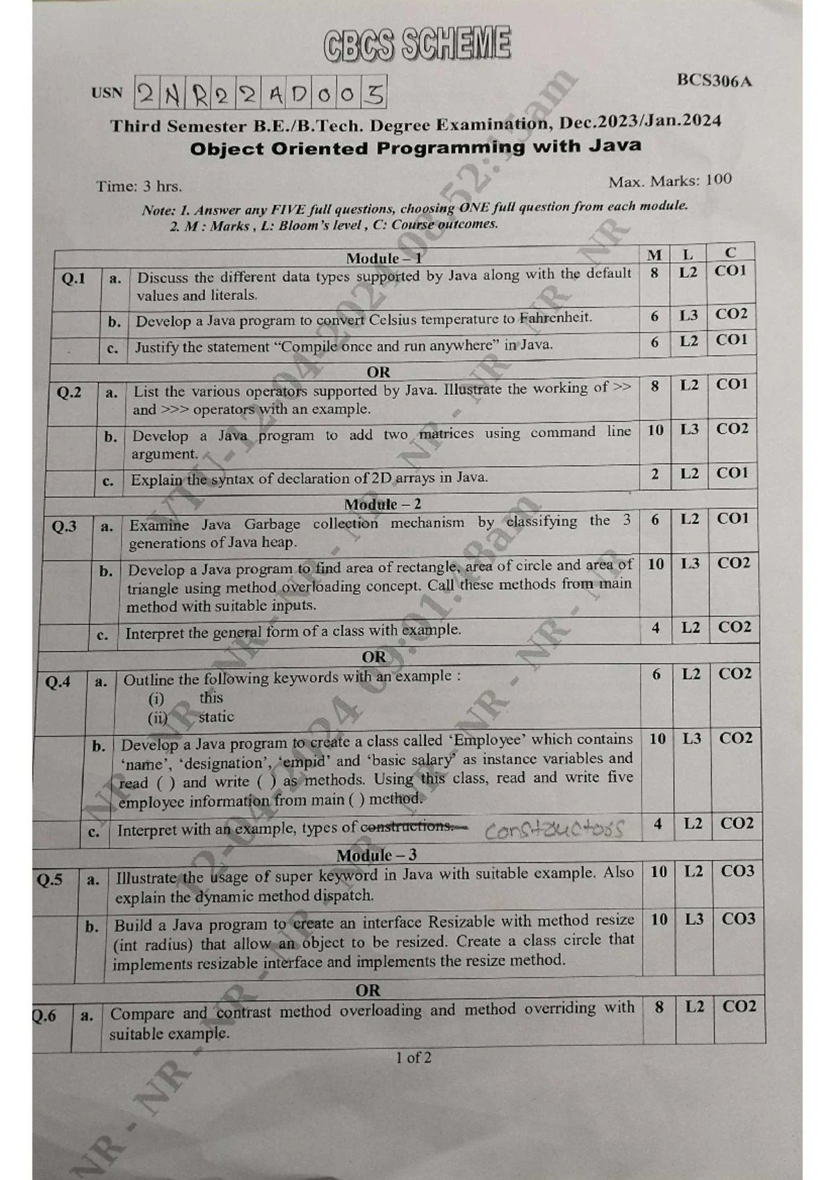 Jan 2024 QUESTION PAPER Object Oriented Programming With JAVA
