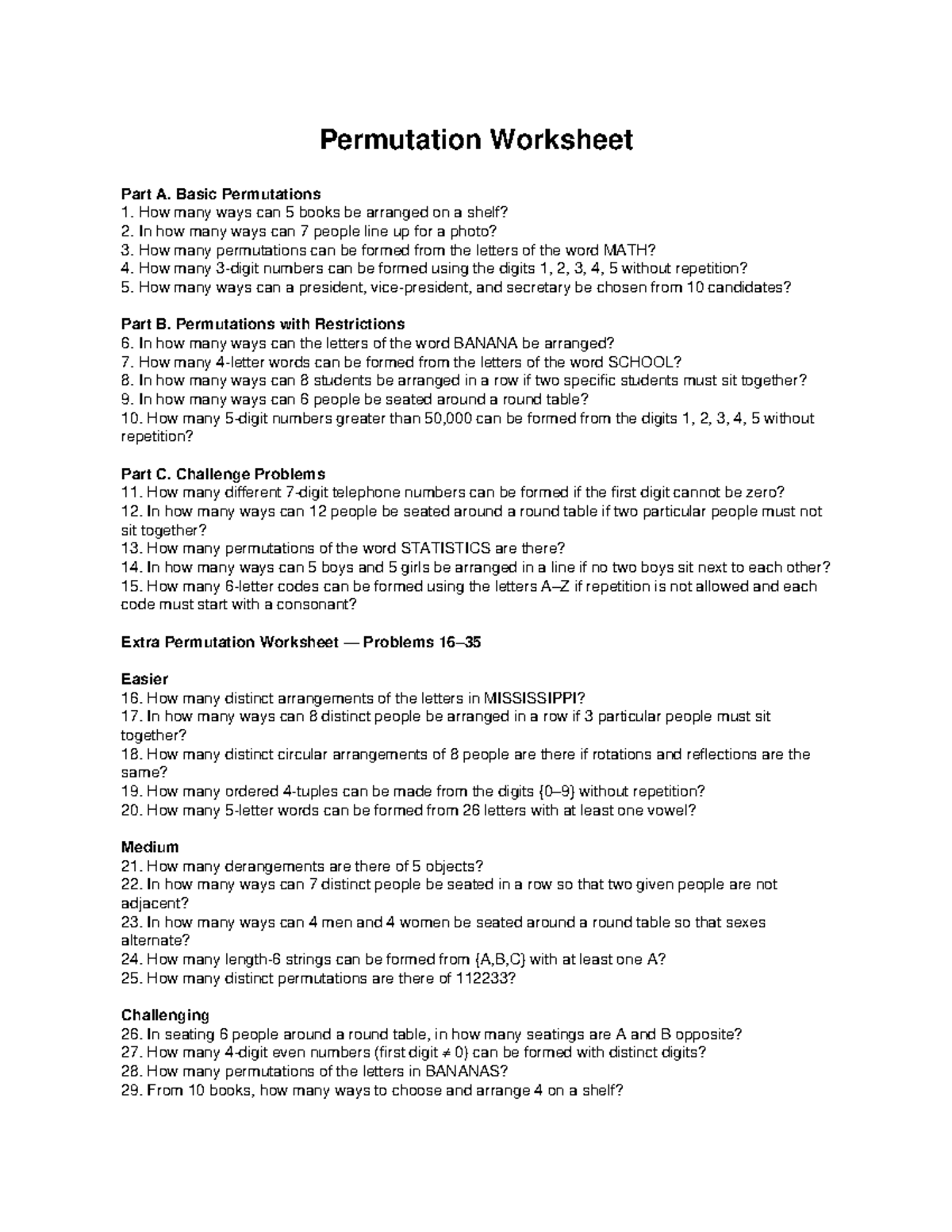 Permutation Worksheet: Basic to Challenging Problems - Studocu