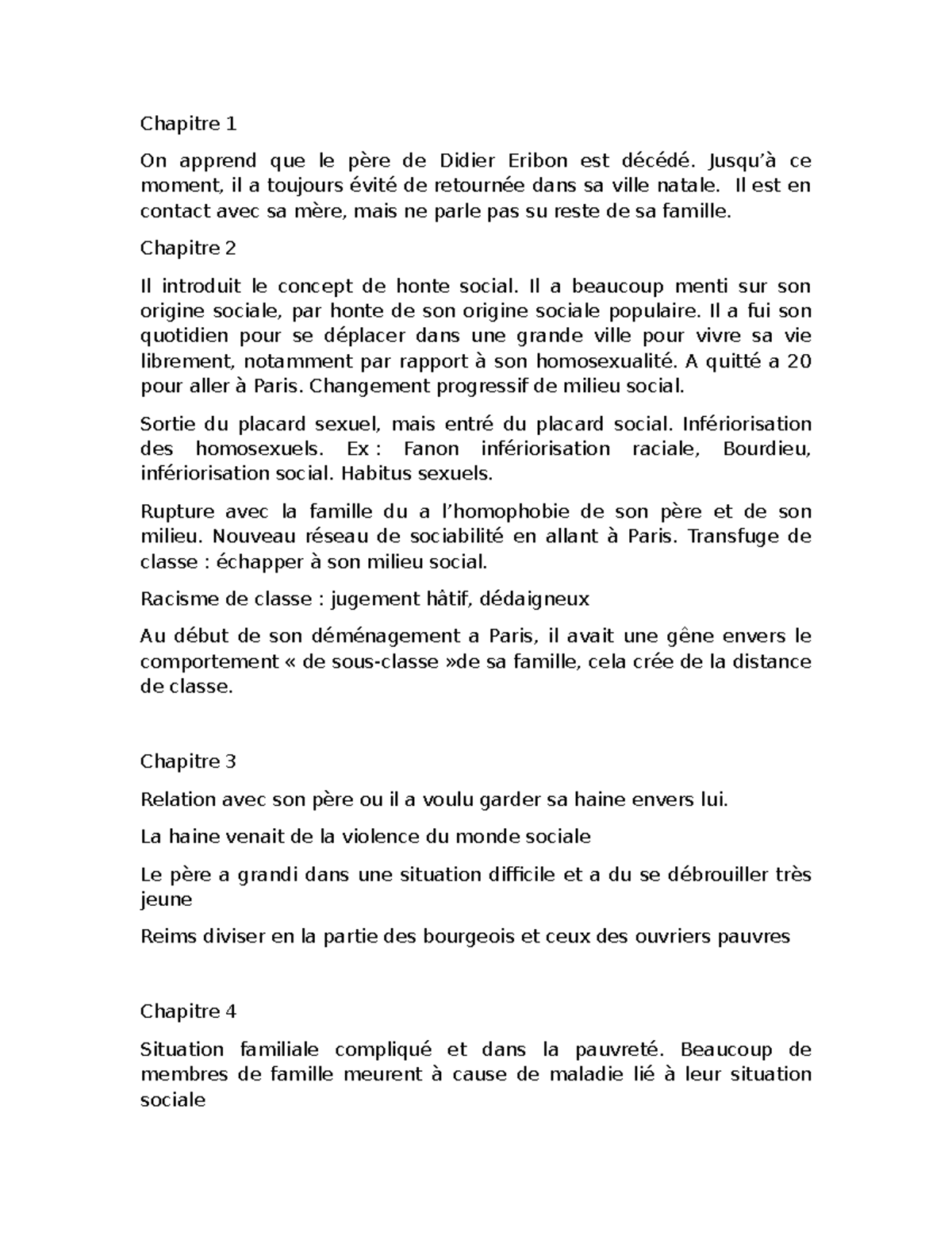 Résumé livre Retour à Reims - Chapitre 1 On apprend que le père de ...