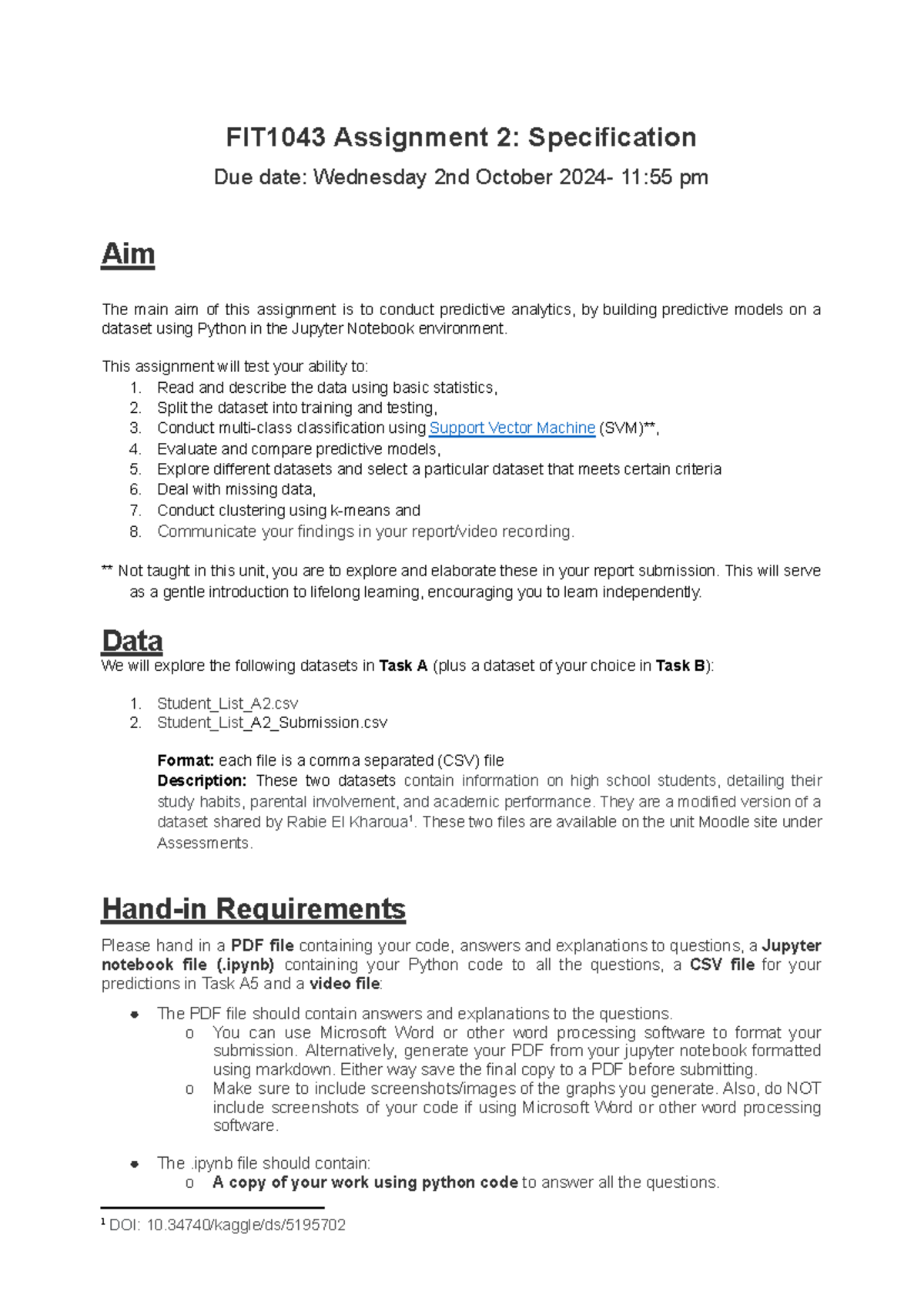 FIT1043 Assignment 2 Specification - Predictive Analytics S2 2024 - Studocu