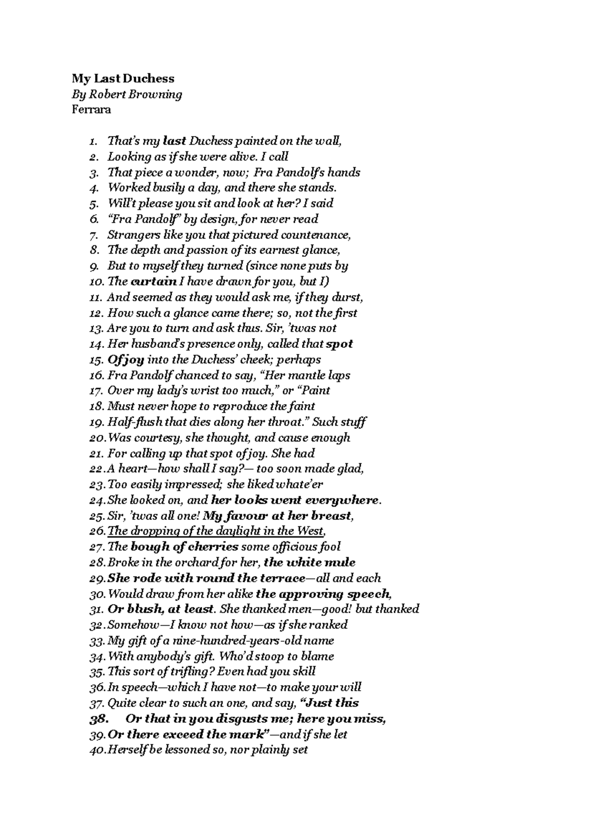 My Last Duchess Analysis - Robert Browning (Lit 101) - Studocu