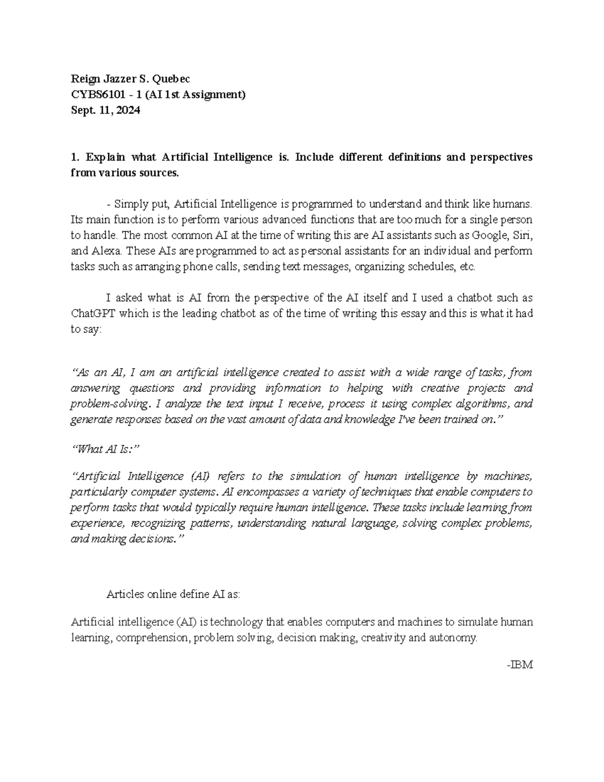 AI 1 - Supplemental Assignments on the Overview of AI, History of AI, and Fundamental - Reign ...