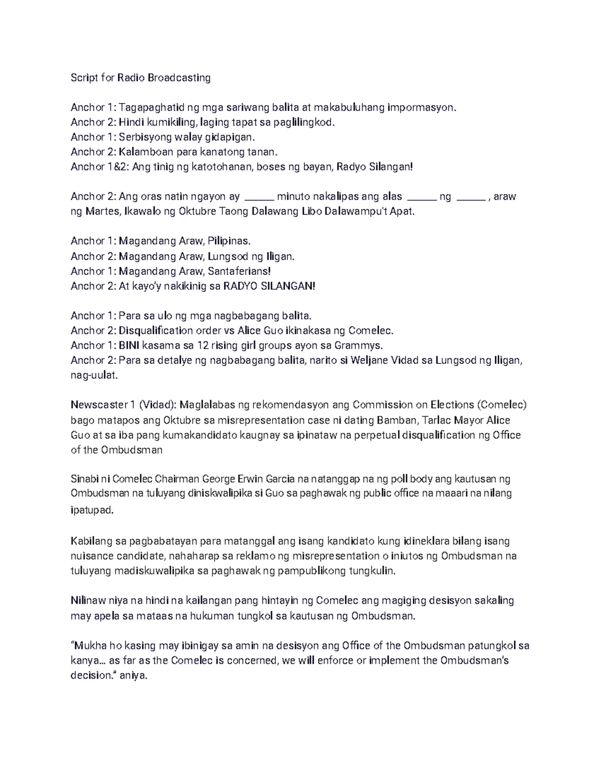 Radyo Silangan: Script para sa Radio Broadcasting Anchors - Studocu