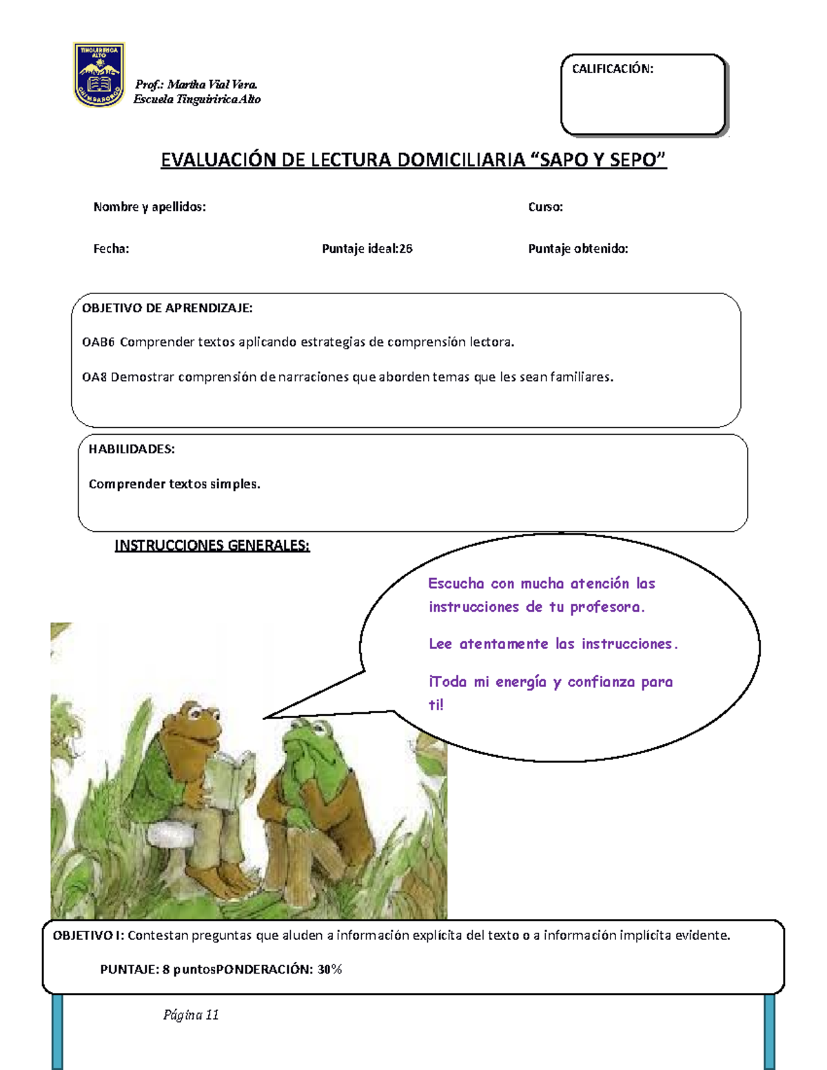 Evaluación de Comprensión Lectura "Sapo y Sepo" - Escuela Tinguiririca ...