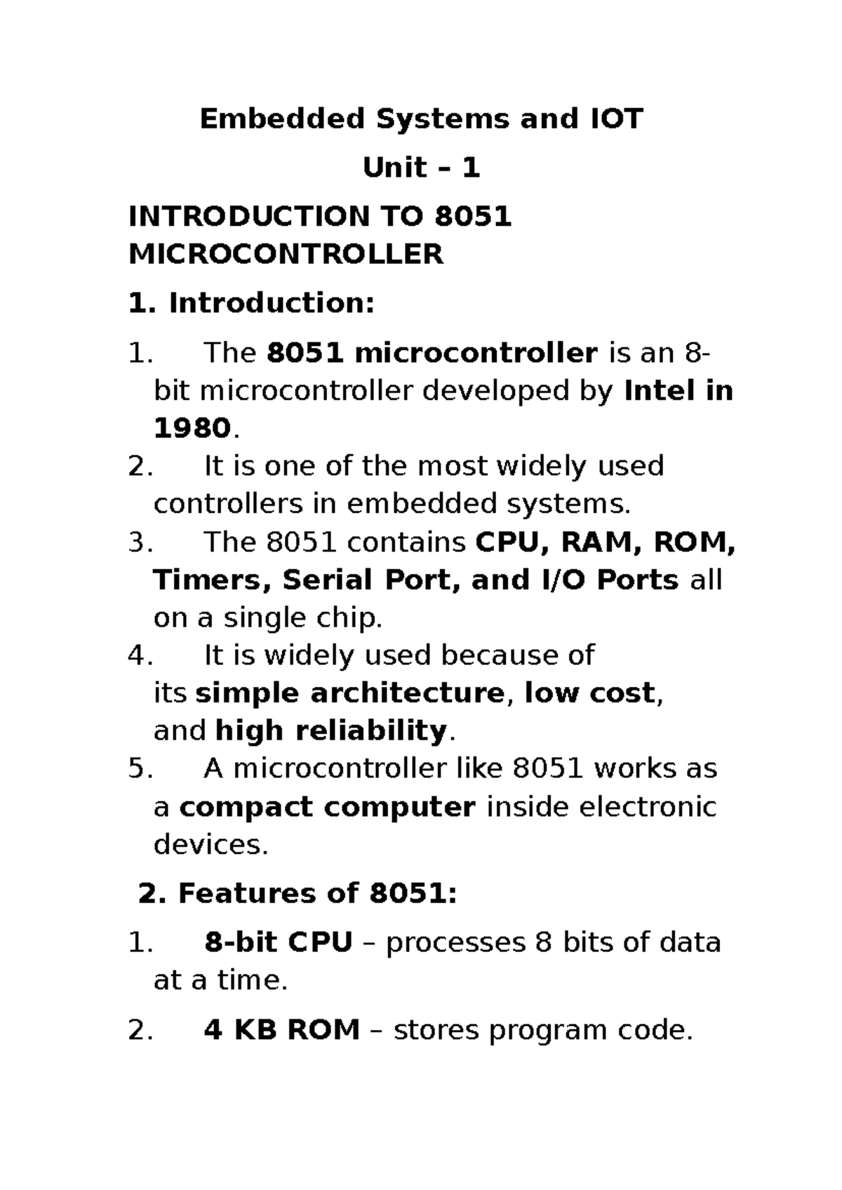 Embedded Systems and IoT: Intro to 8051 Microcontroller Concepts - Studocu