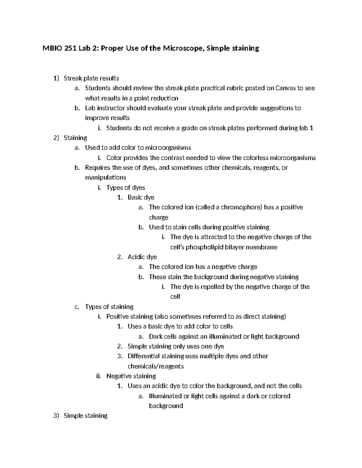 MBIO 251 Lab 2: Microscope Use & Simple Staining Techniques - Studocu