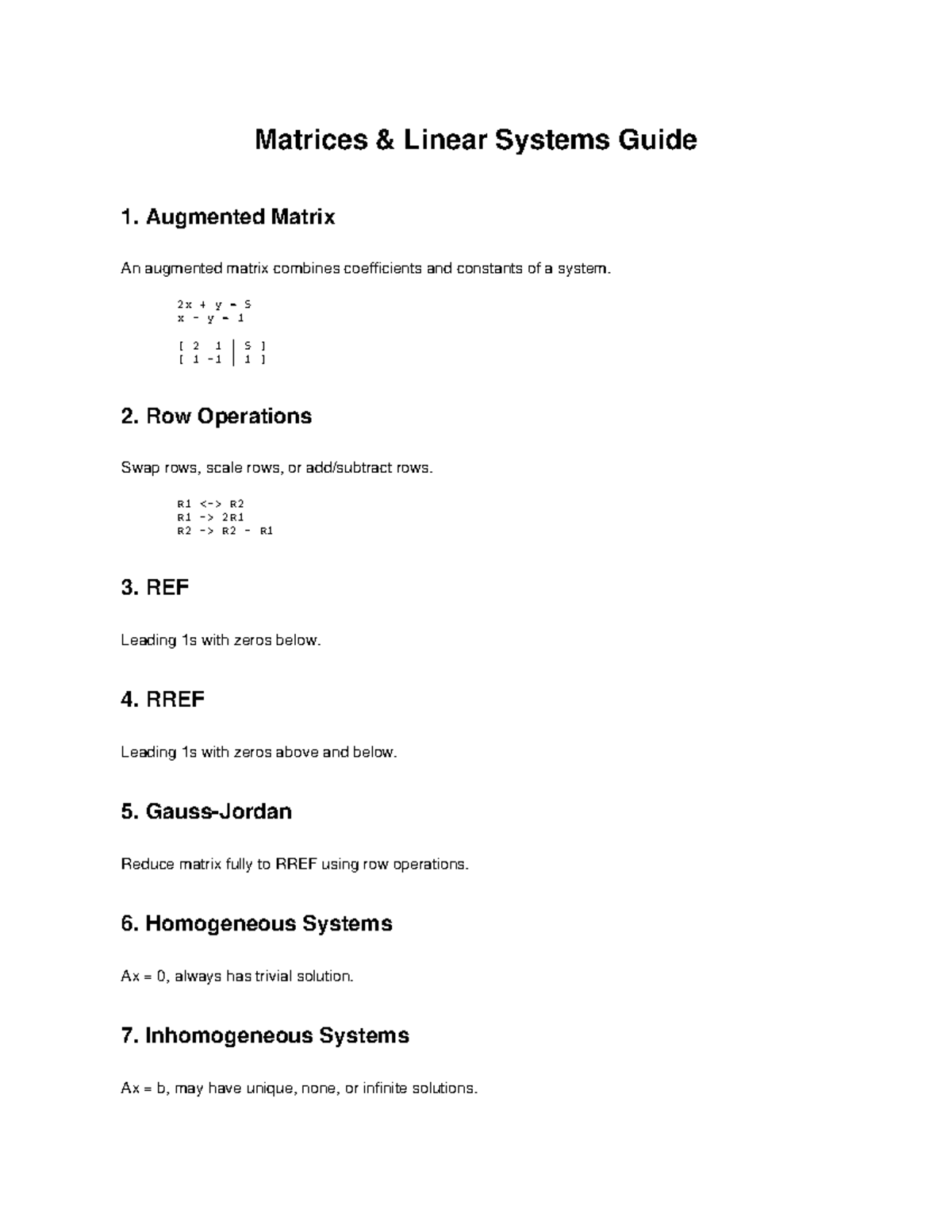 Matrices guide - Matrices & Linear Systems Guide 1. Augmented Matrix An ...