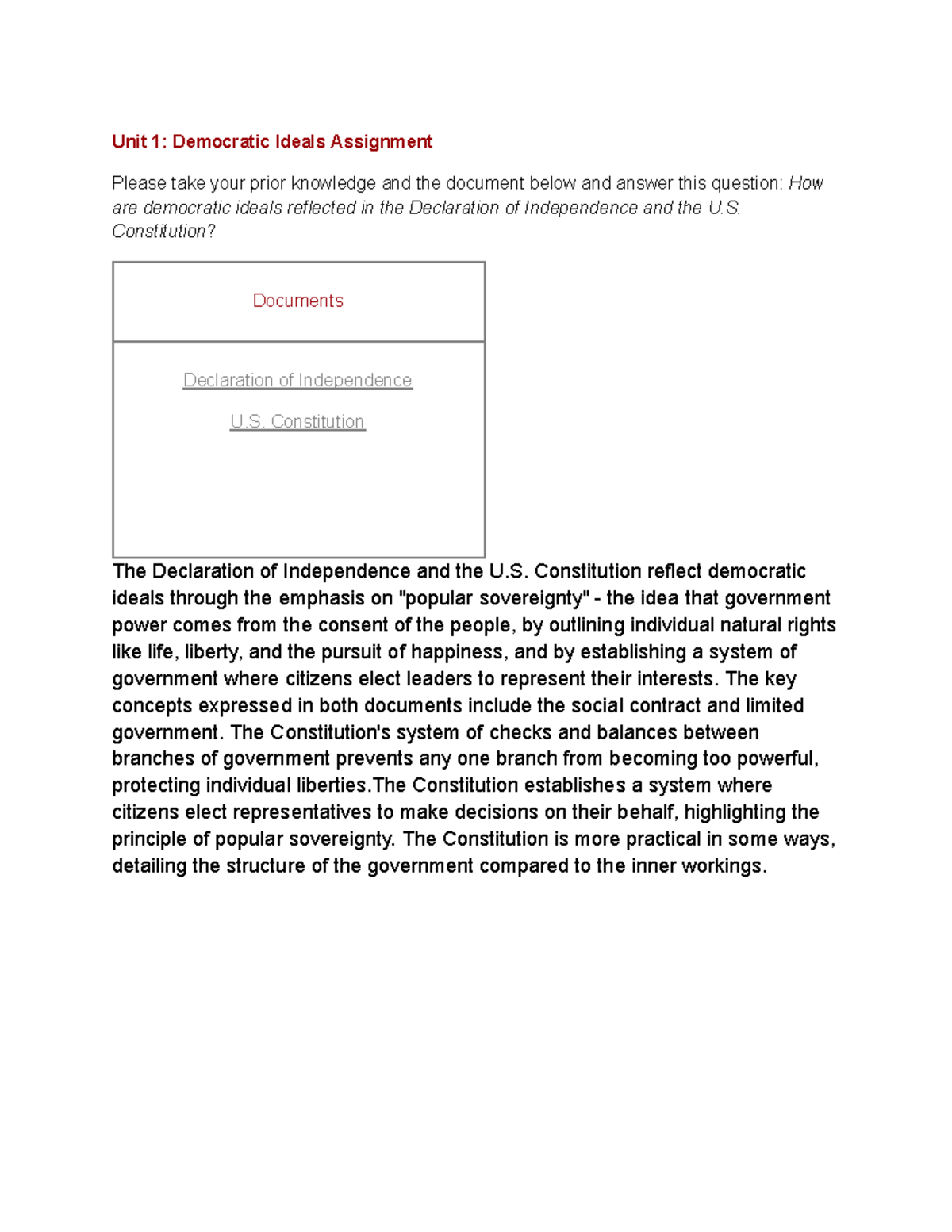 Copy of Unit 1 Democratic Ideals Assignment - Unit 1: Democratic Ideals ...
