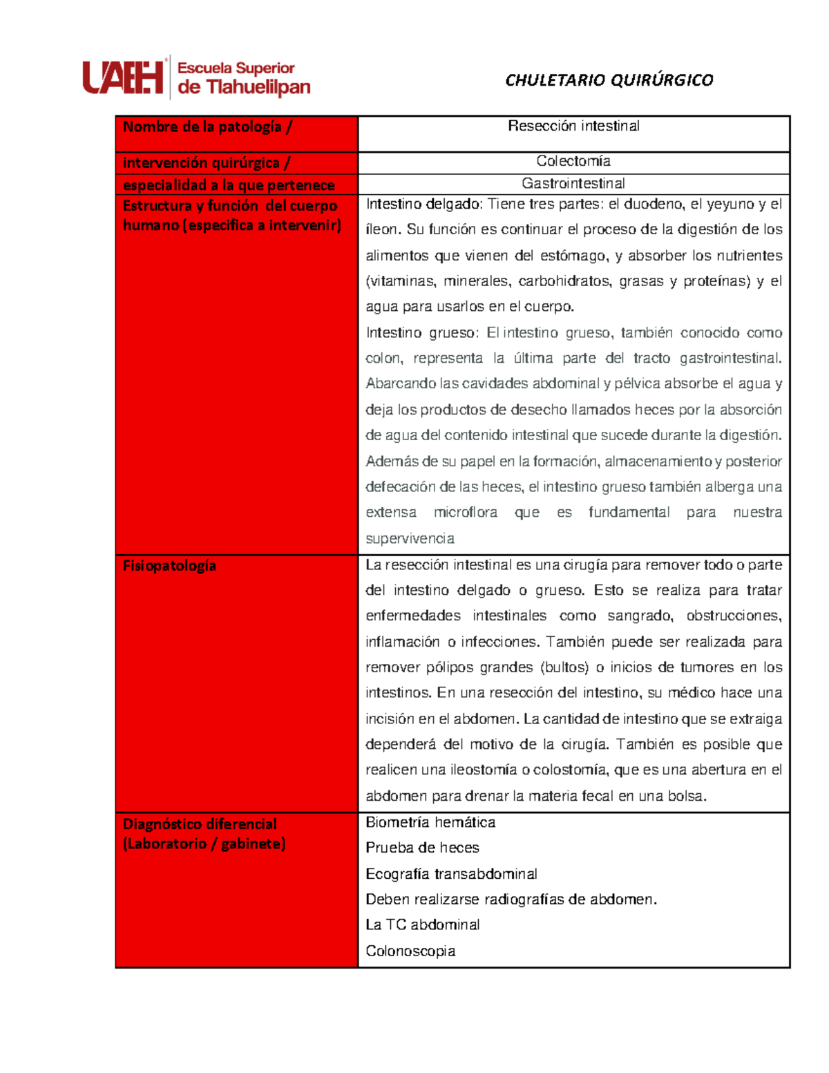 Resección Intestinal y Colectomía: Proceso Quirúrgico Detallado - Studocu