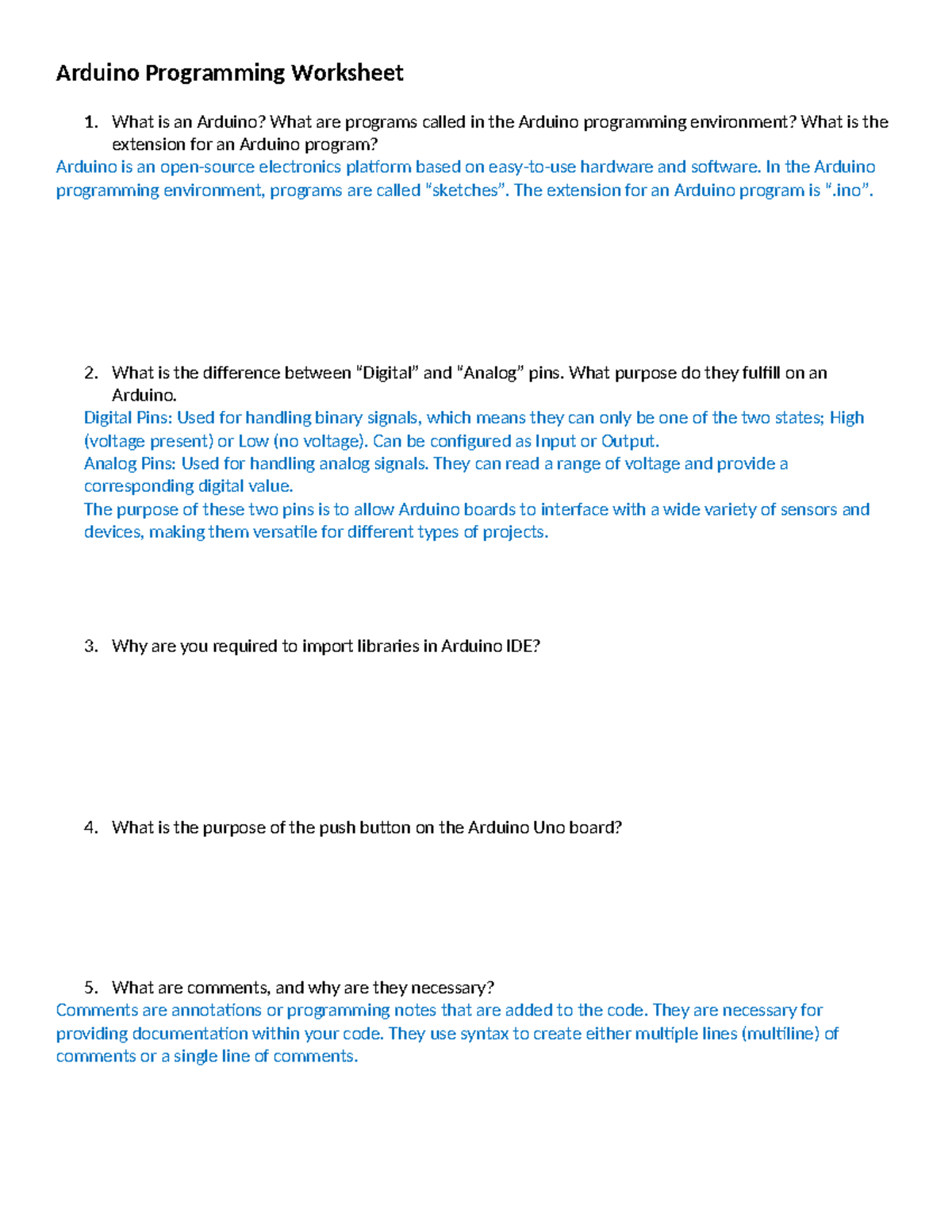 Week 5 Lab: Arduino Programming Worksheet & Exercises - Studocu