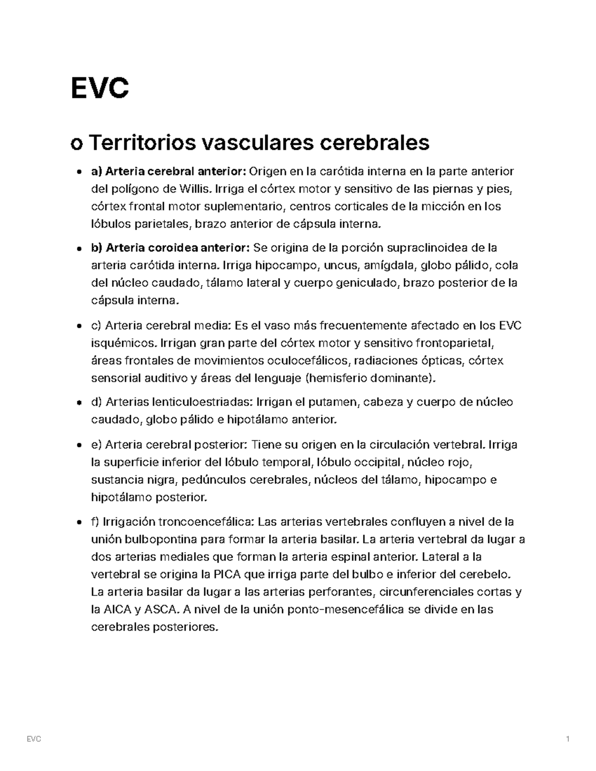 EVC 1-2: Resumen de Territorios Vasculares Cerebrales y Clasificación - Studocu