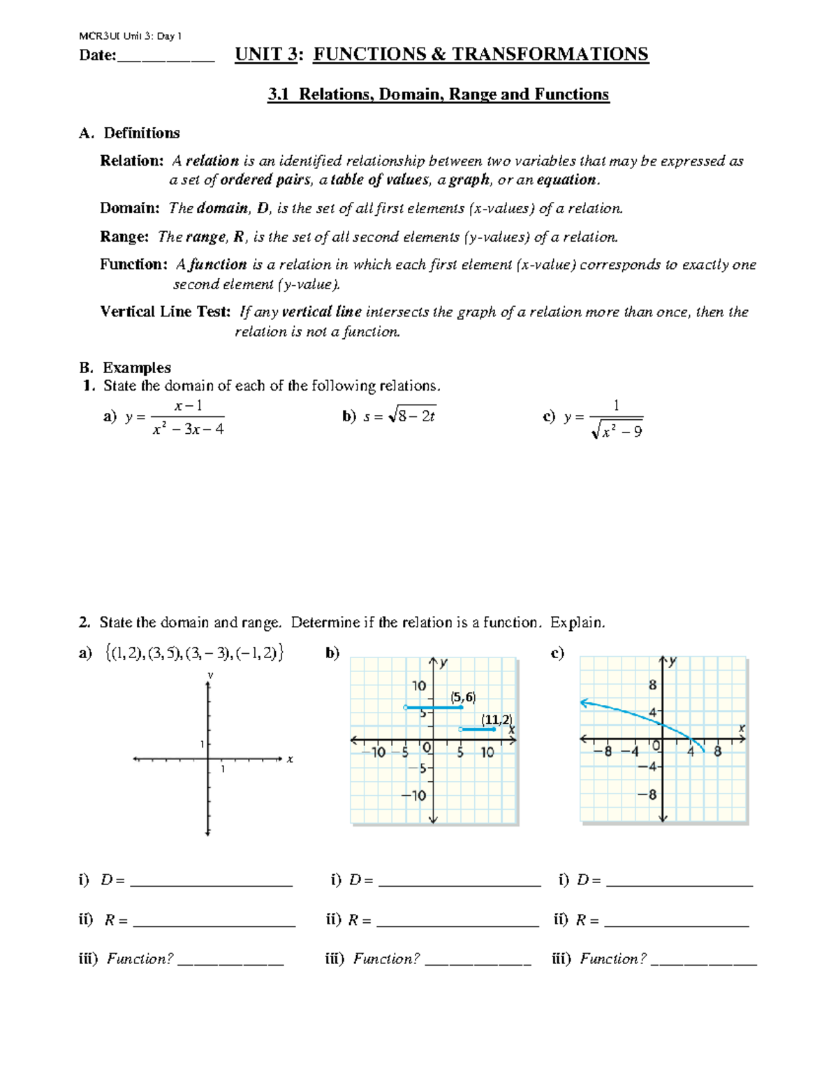 MCR3UI Unit 3: Functions & Transformations - Lesson Notes - Studocu