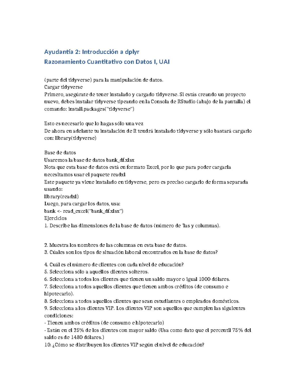 Ayudantía 2: Introducción a dplyr en R para Razonamiento Cuantitativo I - Studocu