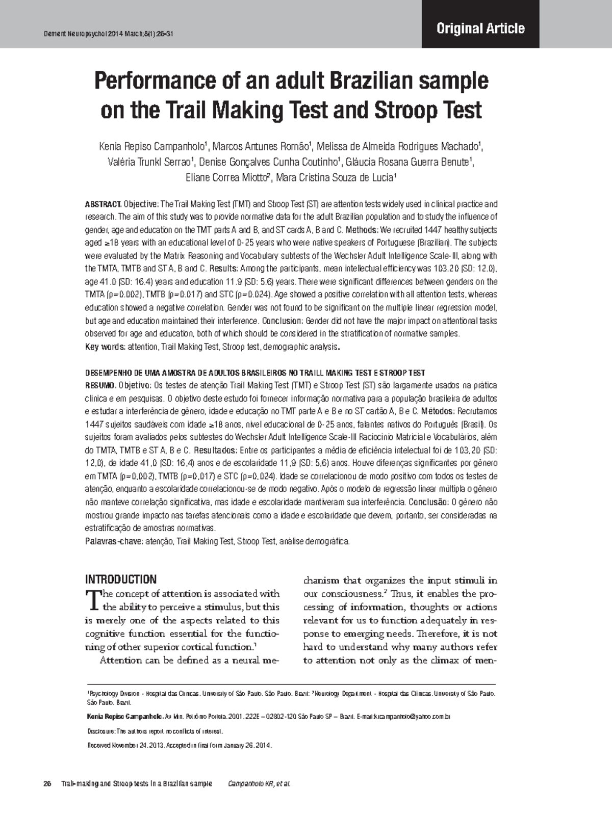 TMT & Stroop Test Performance in Brazilian Adults: Normative Data ...