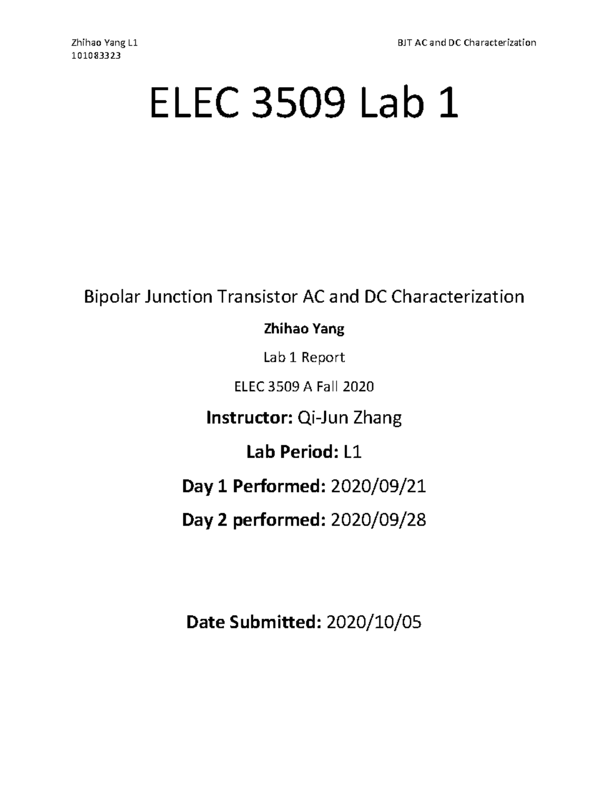 ELEC 3509 Lab 1 Report - BJT AC and DC Characterization Analysis - Studocu