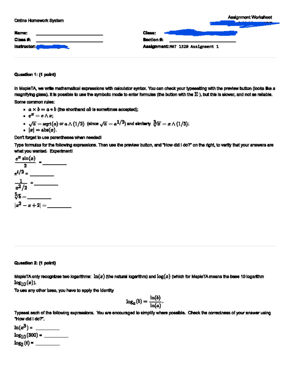 Calculus MAT 1320 assignment 1 worksheet and questions - Studocu