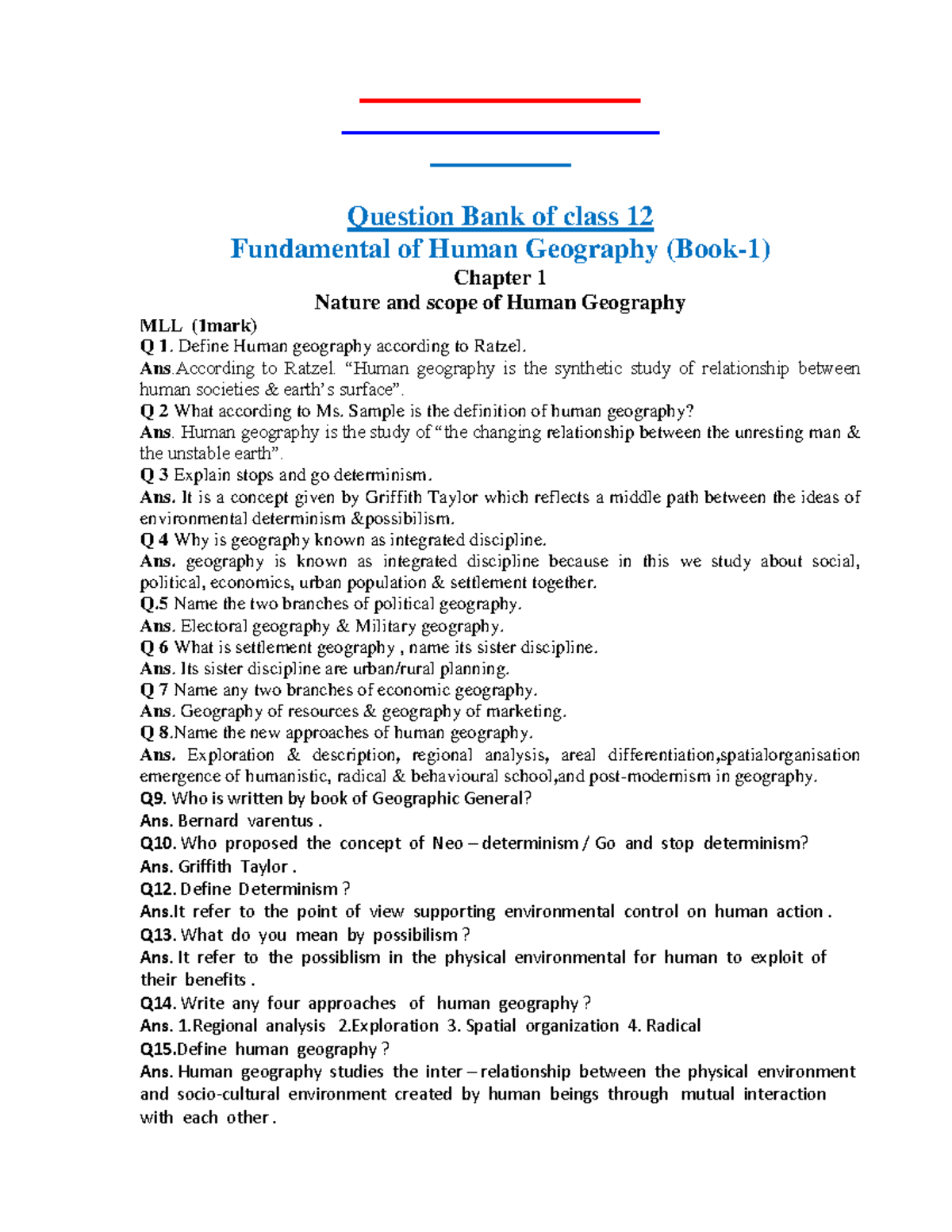 XII GEO MLL: Comprehensive Question Bank for Human Geography Chapters ...