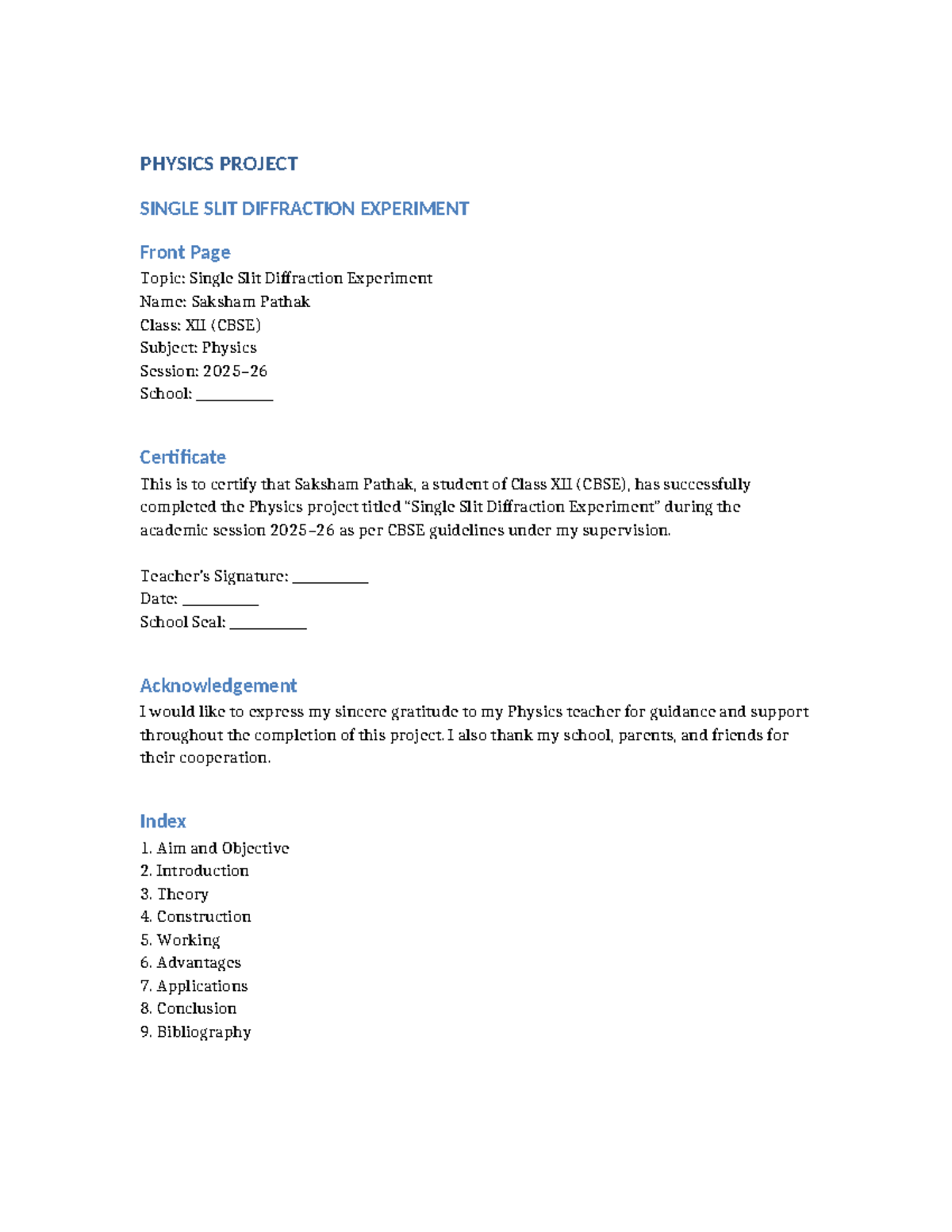 PHYSICS XII Project: Single Slit Diffraction Experiment - Studocu