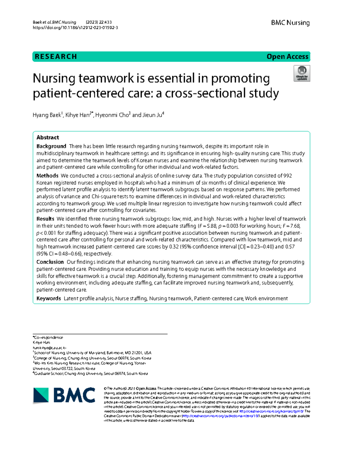 Nursing Teamwork and Patient-Centered Care: A Study of Korean Nurses ...
