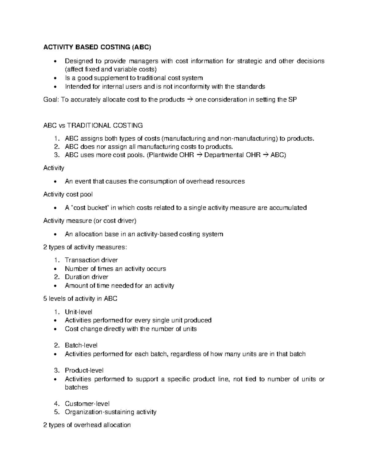 ABC Notes: Understanding Activity Based Costing for Managers - Studocu