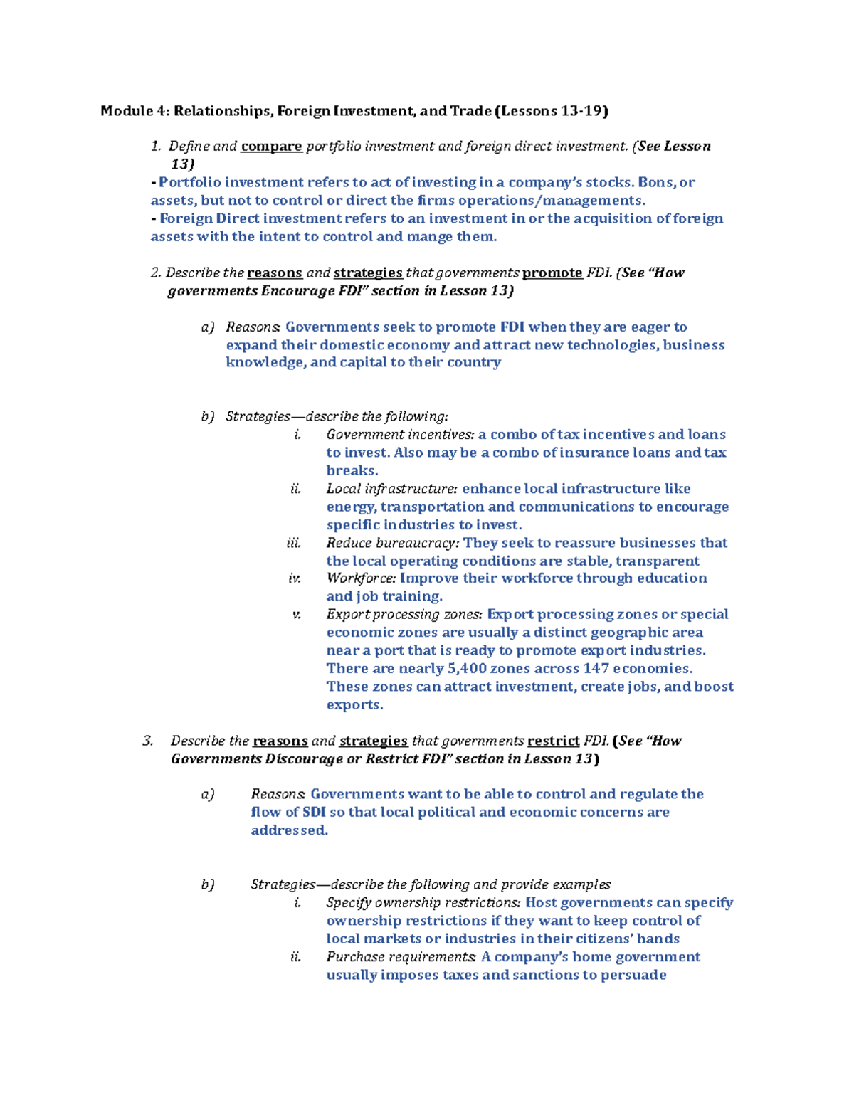Module 4-Study Guide - Module 4: Relationships, Foreign Investment, and ...