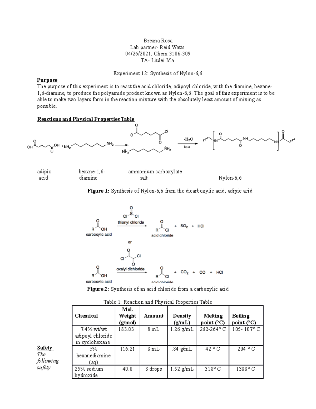 Ochem 3106 Experiment 12: Nylon-6,6 Synthesis Lab Report - Studocu
