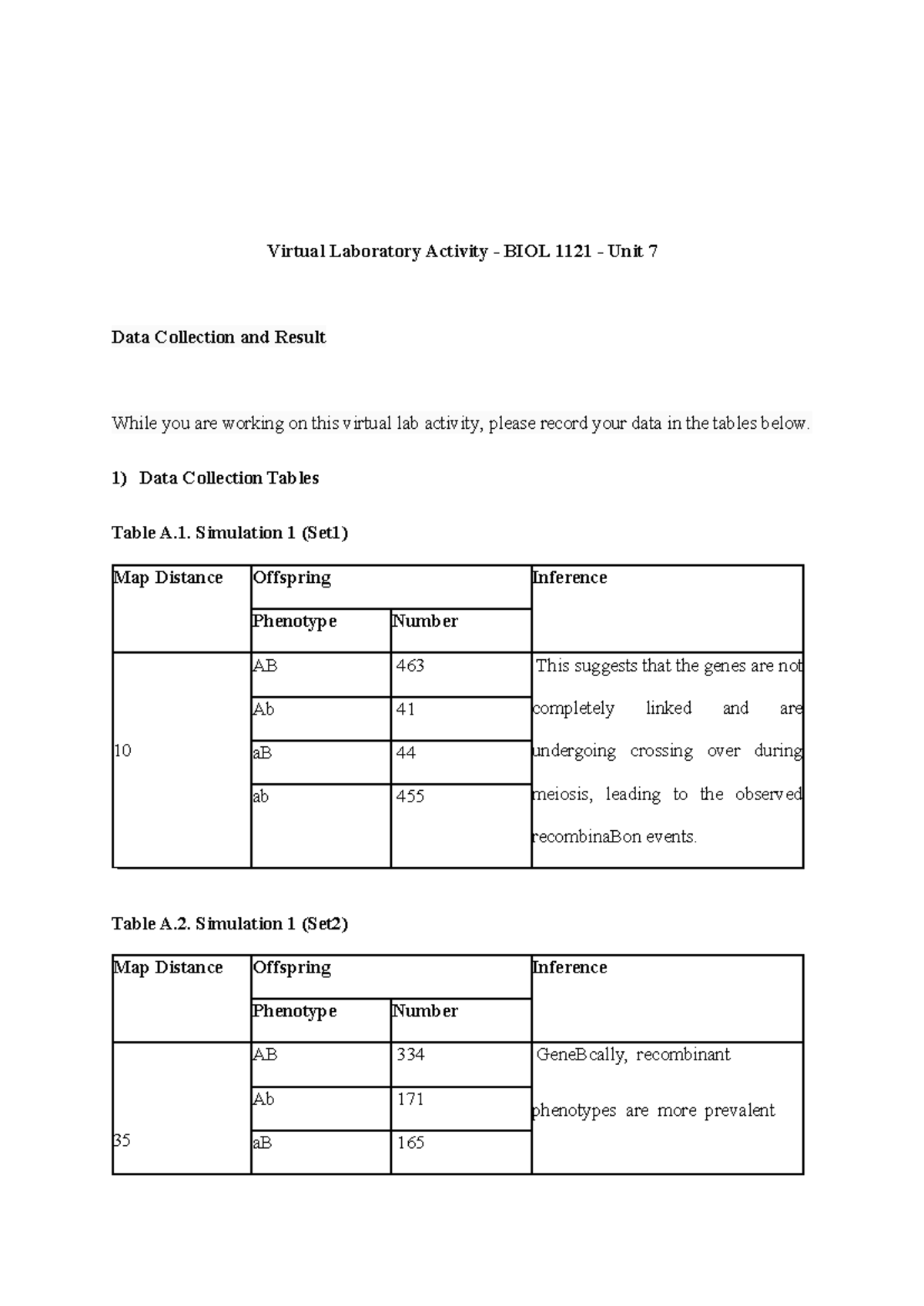 BIOL 1121: Virtual Lab Activity - Data Collection & Results for Sim 1 & 2 - Studocu